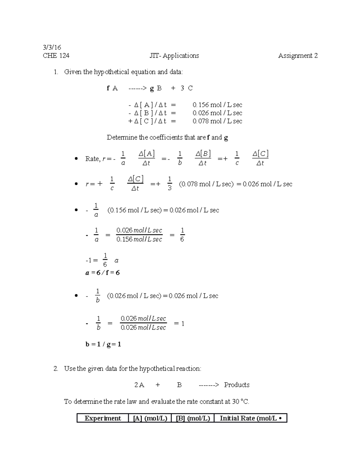 Rate Constant Equations and Reactions - 3/3/ CHE 124 JIT- Applications ...
