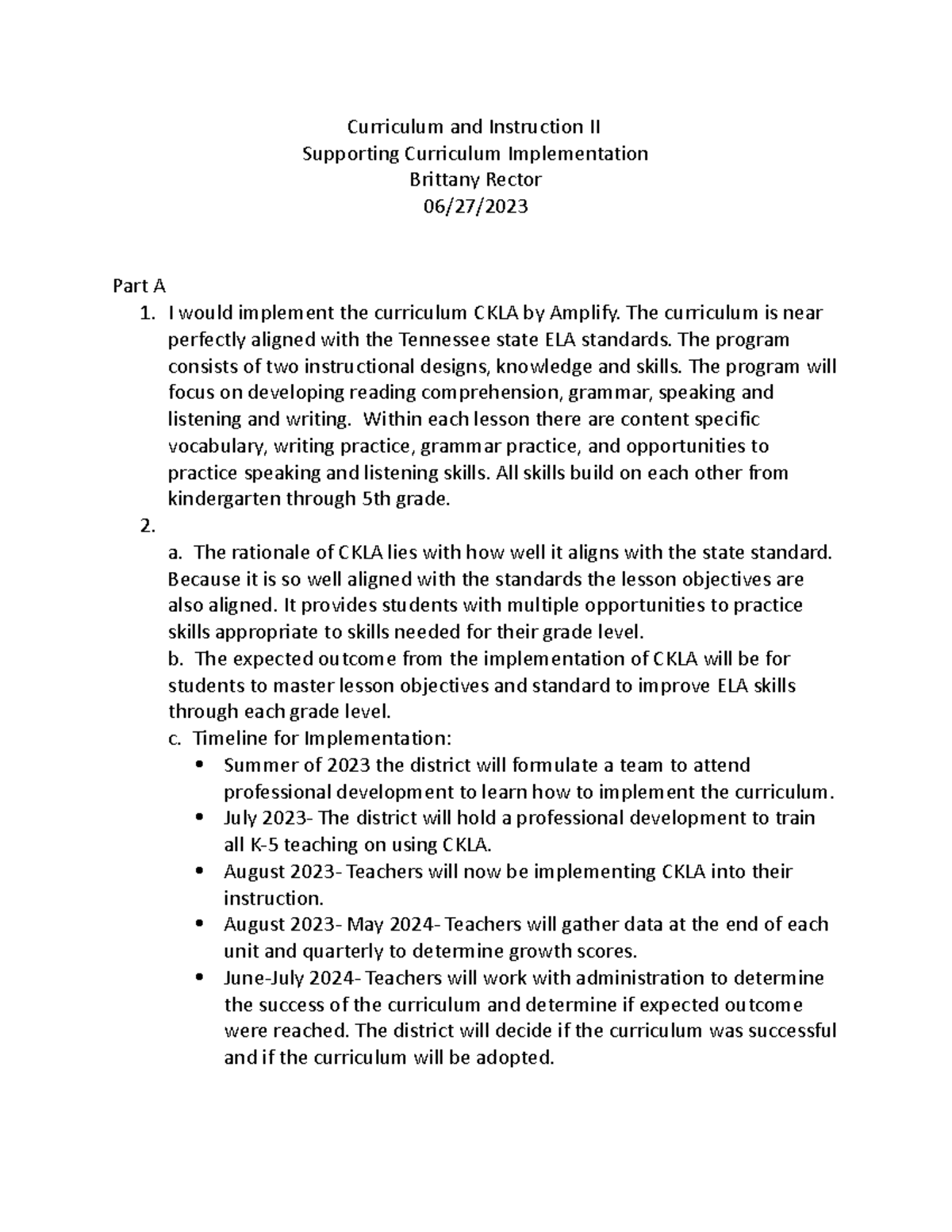 Curriculum and Instruction II Task 4 - Curriculum and Instruction II ...