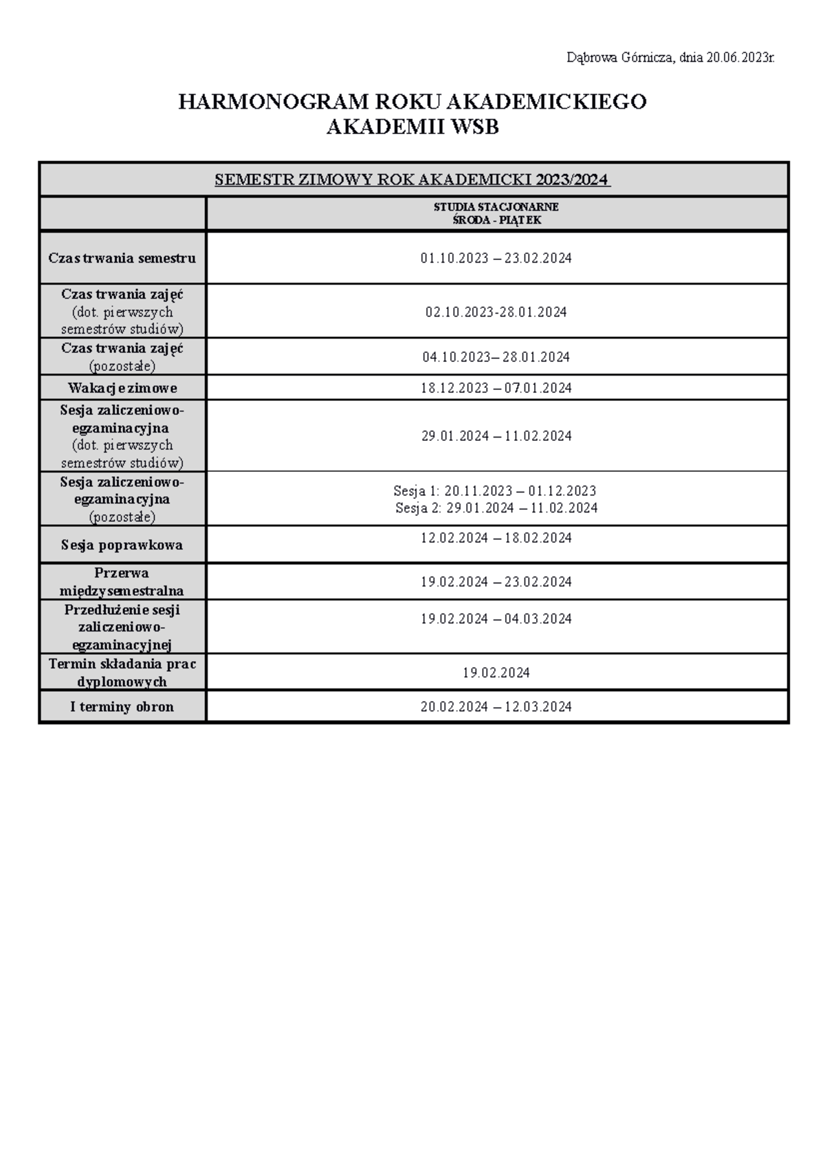 Harmonogram roku akademickiego 2023 2024 studia stacjonarne - Dąbrowa ...