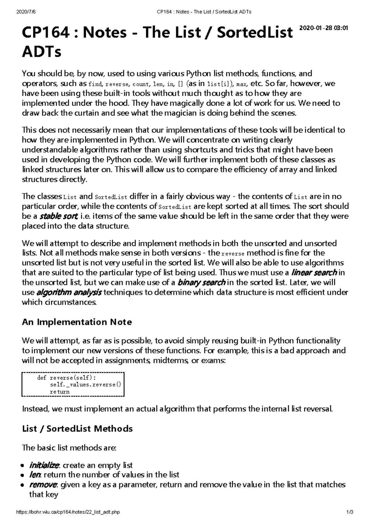 CP164 Notes - The List Sorted List ADTs - 2020/7/6 CP164 : Notes - The ...