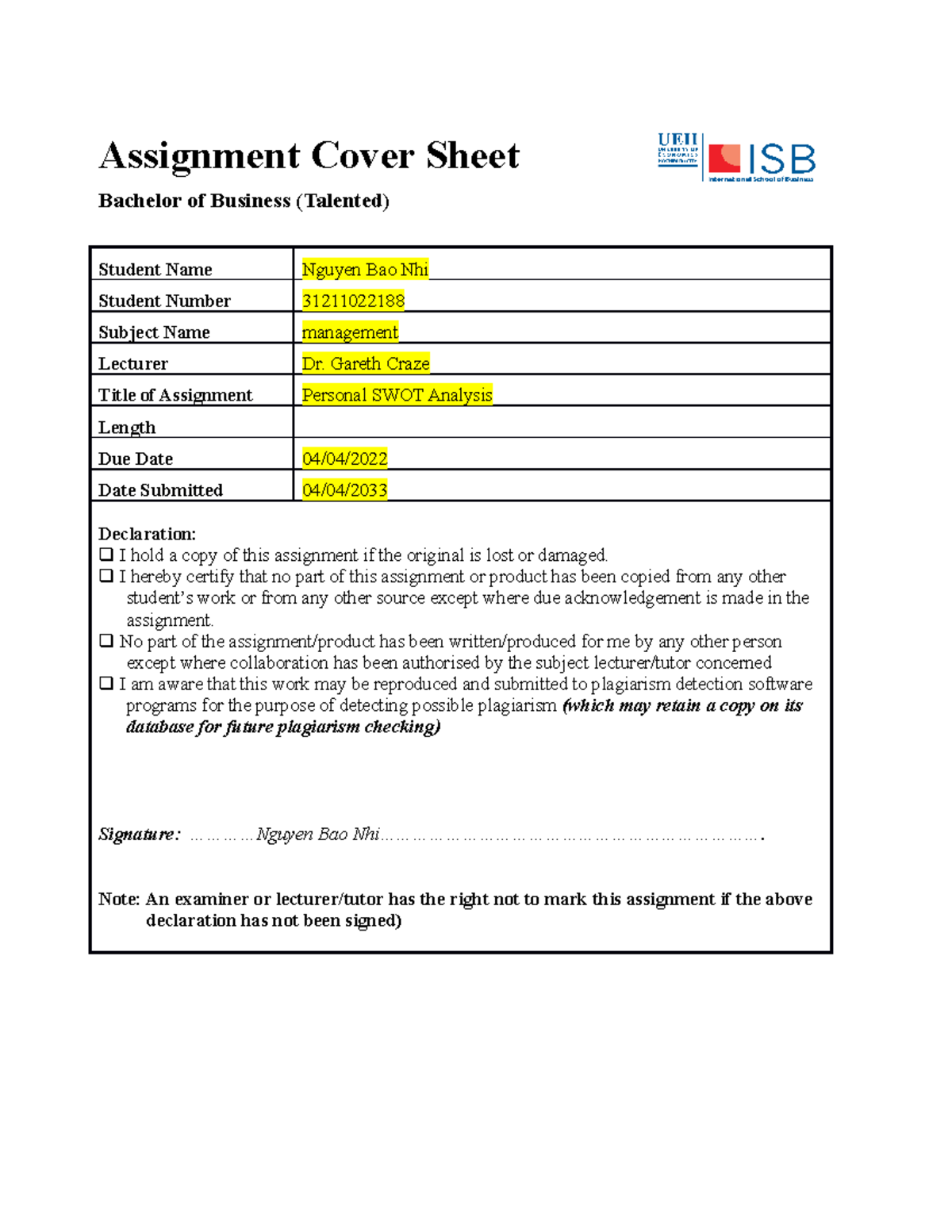 4. Assignment Cover Sheet - Assignment Cover Sheet Bachelor of Business ...