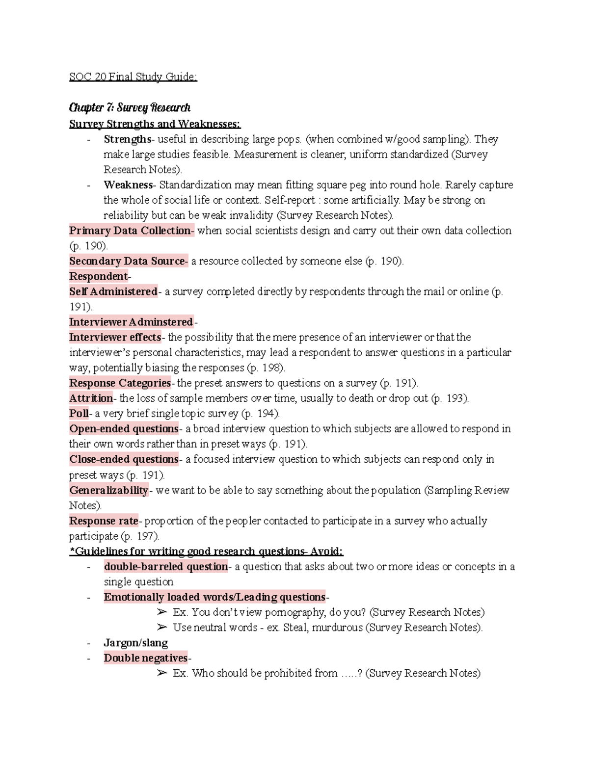 SOC 20 Final Study Guide - SOC 20 Final Study Guide: Chapter 7: Surve ...