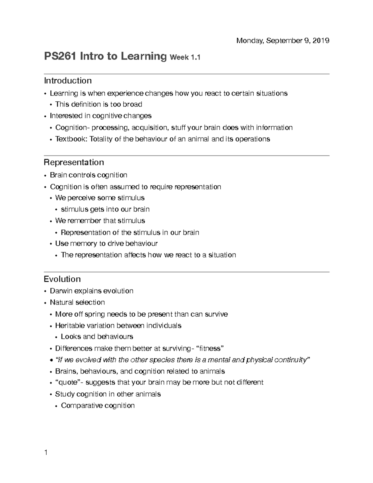 PS261 Intro to learning Week 1 - Monday, September 9, 2019 PS261 Intro ...