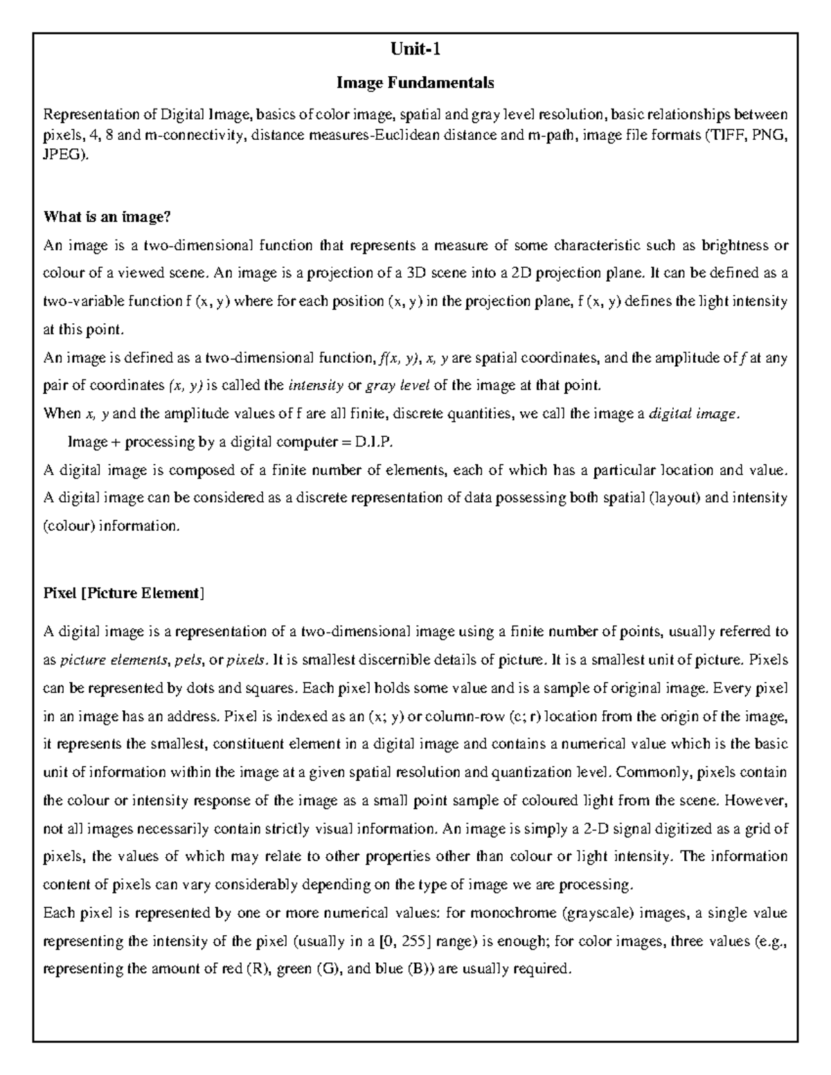 Unit-1 Image Fundamentals - Unit- 1 Image Fundamentals Representation of Digital Image, basics ...