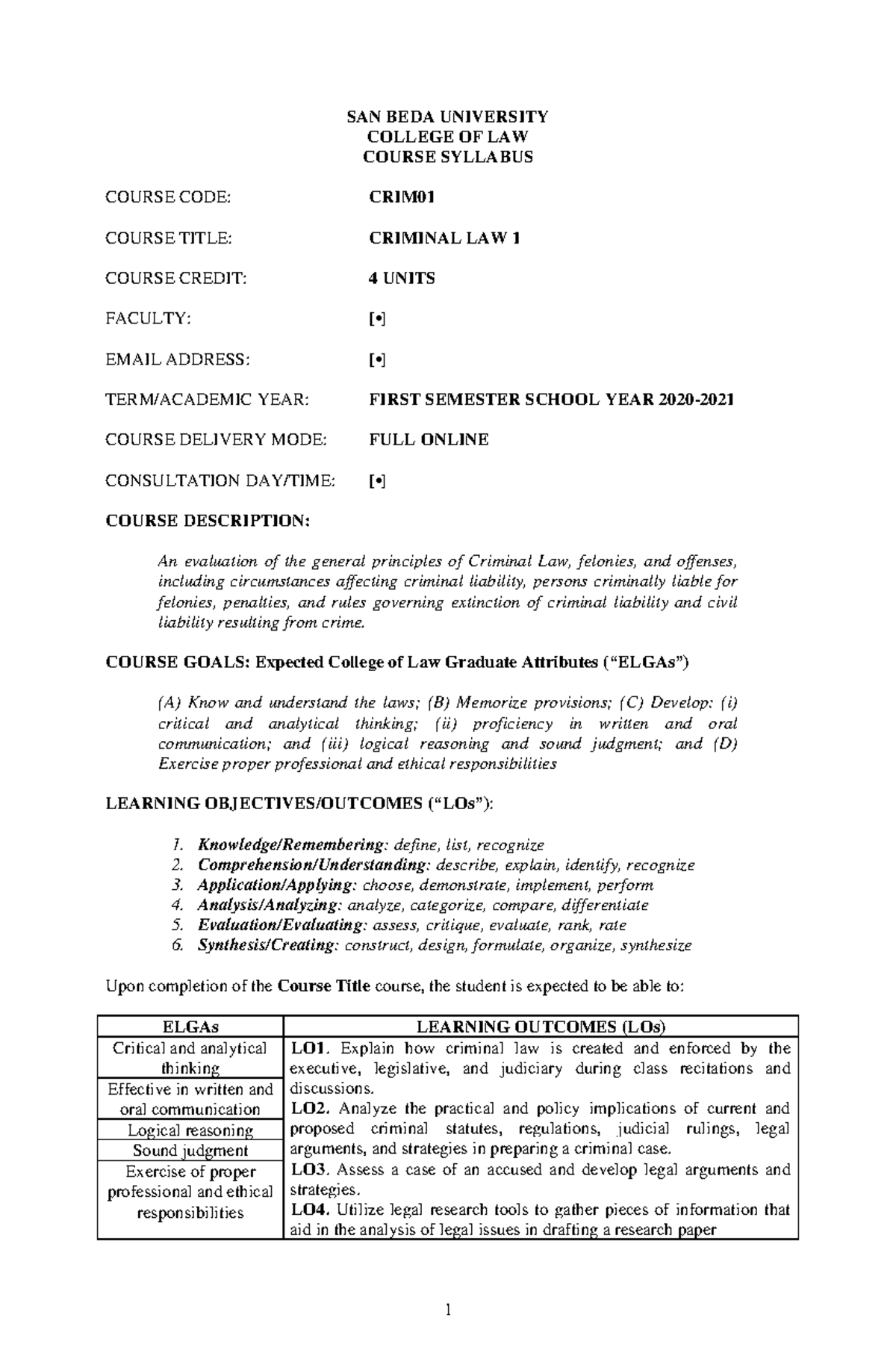 CRIM LAW Syllabus - SAN BEDA UNIVERSITY COLLEGE OF LAW COURSE SYLLABUS ...