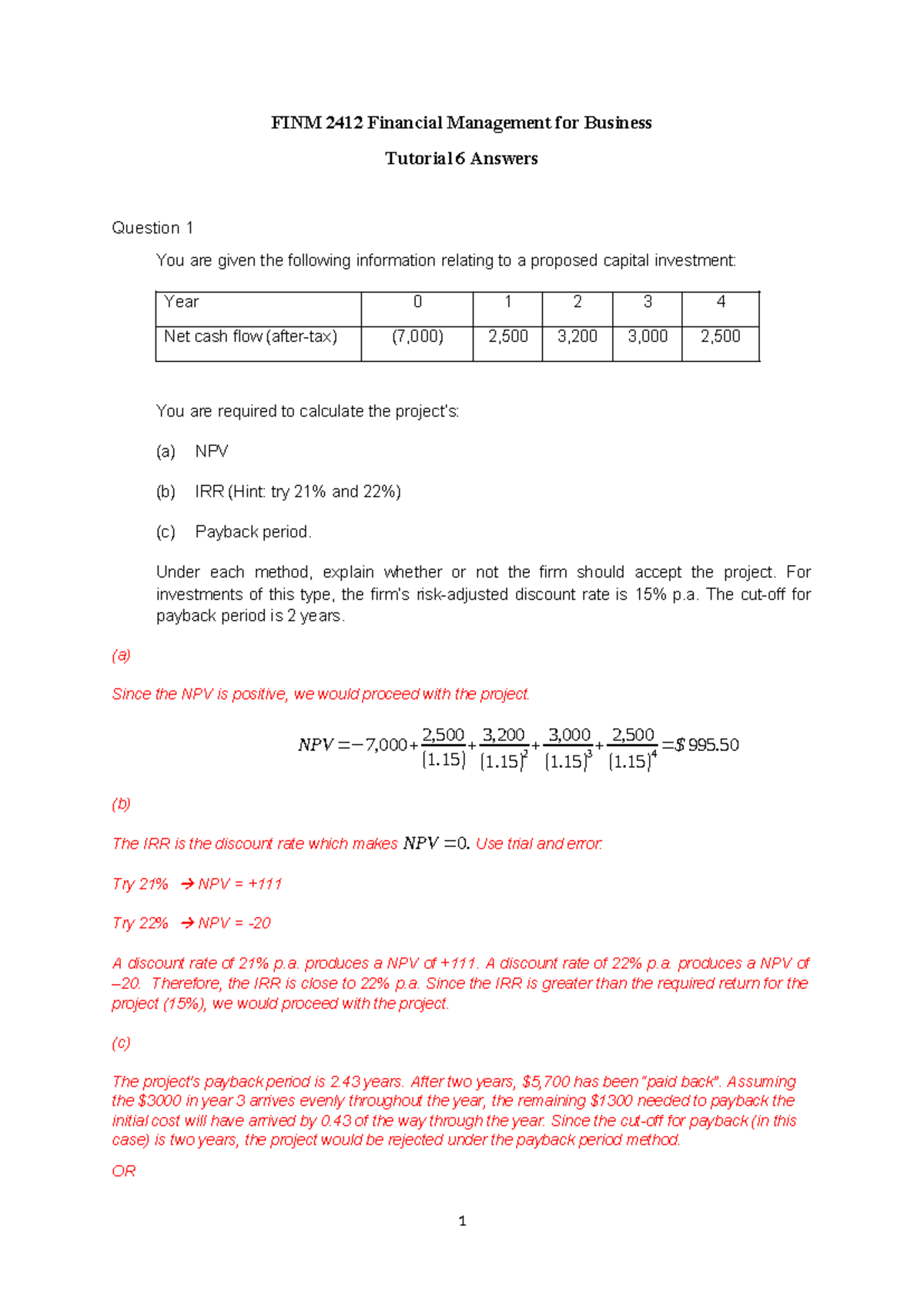 Tutorial 6 Answers - FINM 2412 Financial Management for Business ...