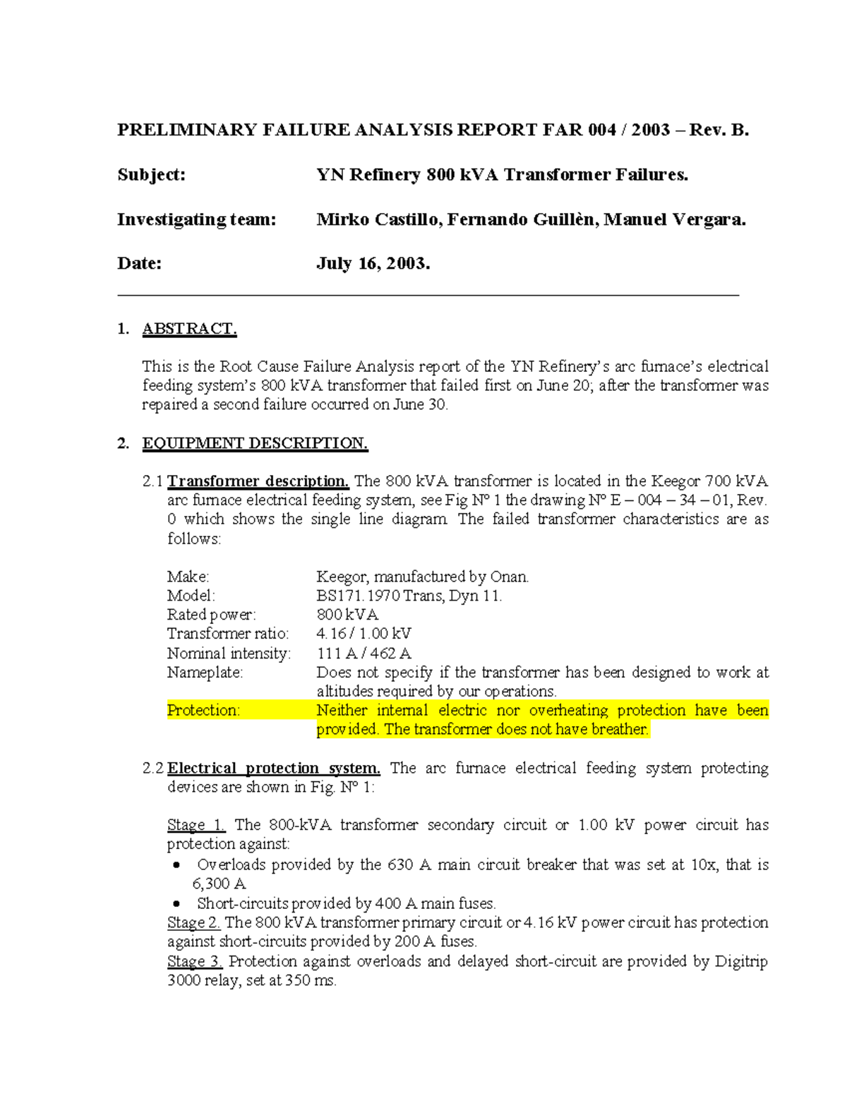 ACR Trafo 800 k VA - Rev Bdas - PRELIMINARY FAILURE ANALYSIS REPORT FAR ...