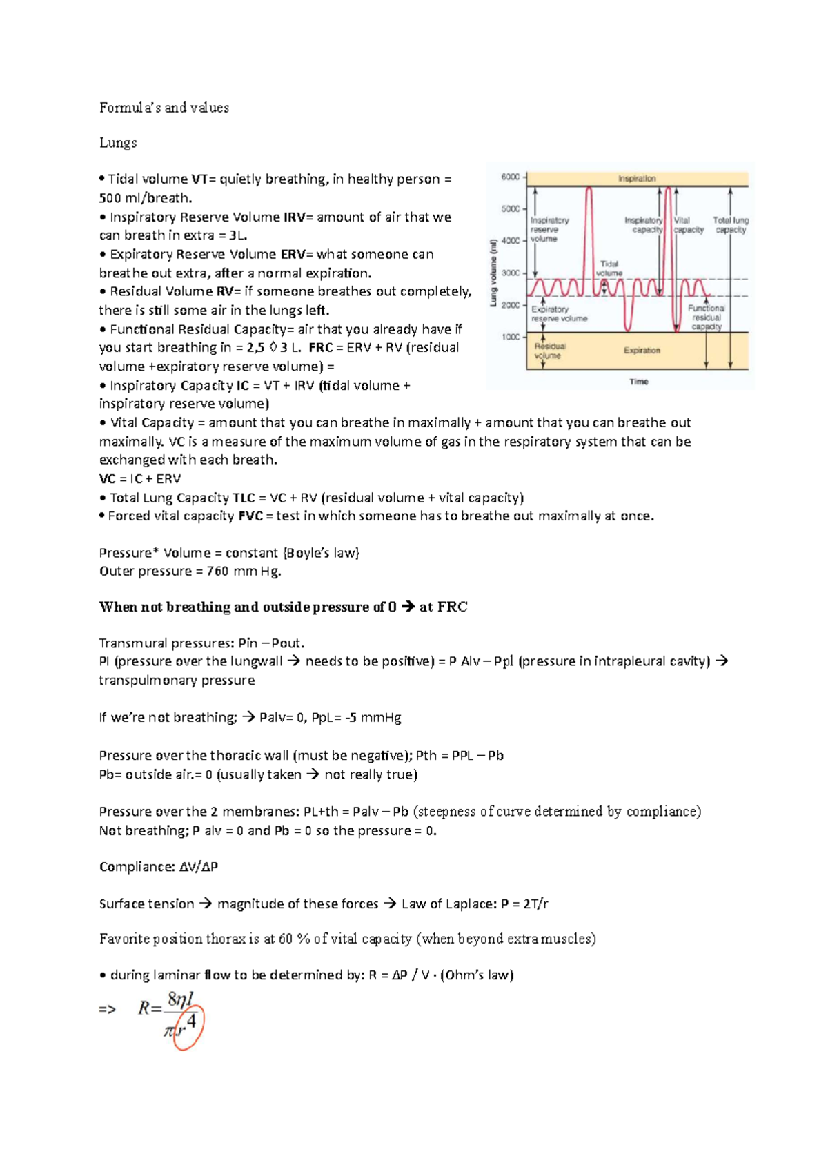 Formula's medical physiology - Formula’s and values Lungs Tidal volume ...