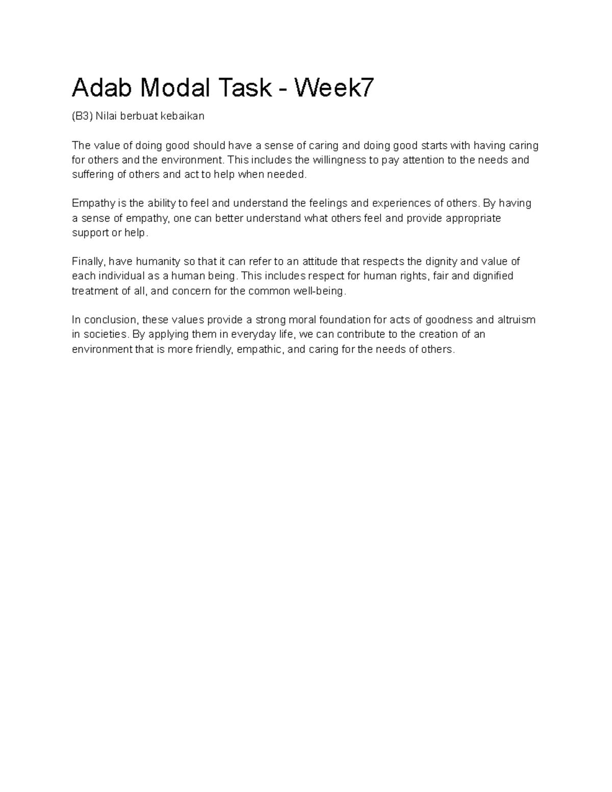 Adab Modal Task - Week7 - noted - Adab Modal Task - Week (B3) Nilai berbuat kebaikan The value ...