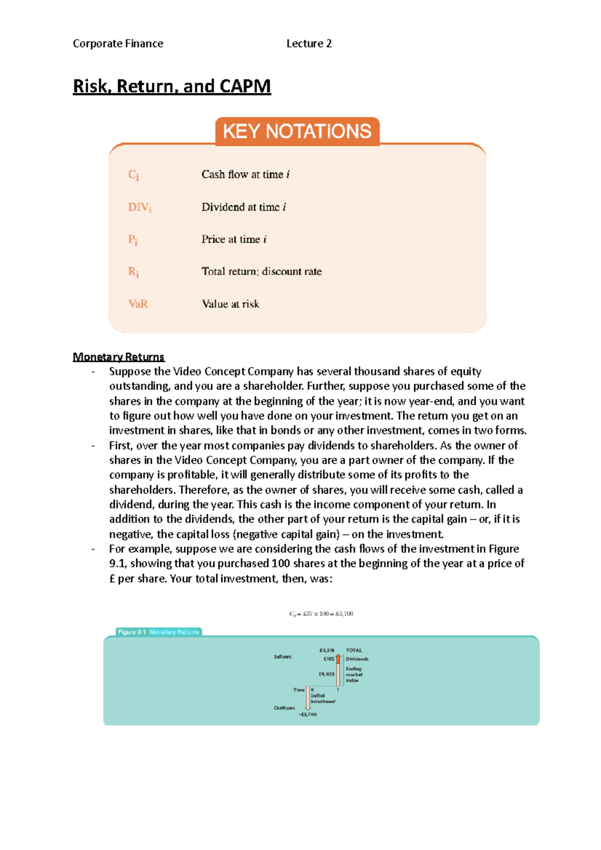Lecture 2- Risk, Return, and CAPM - Risk, Return, and CAPM Monetary Returns - Suppose the Video ...