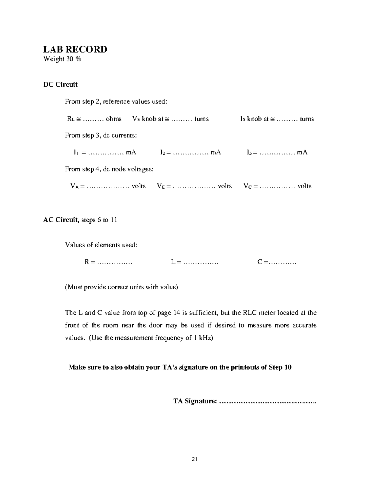 Expt-1-Lab Record - 21 LAB RECORD Weight 30 % DC Circuit From step 2 ...