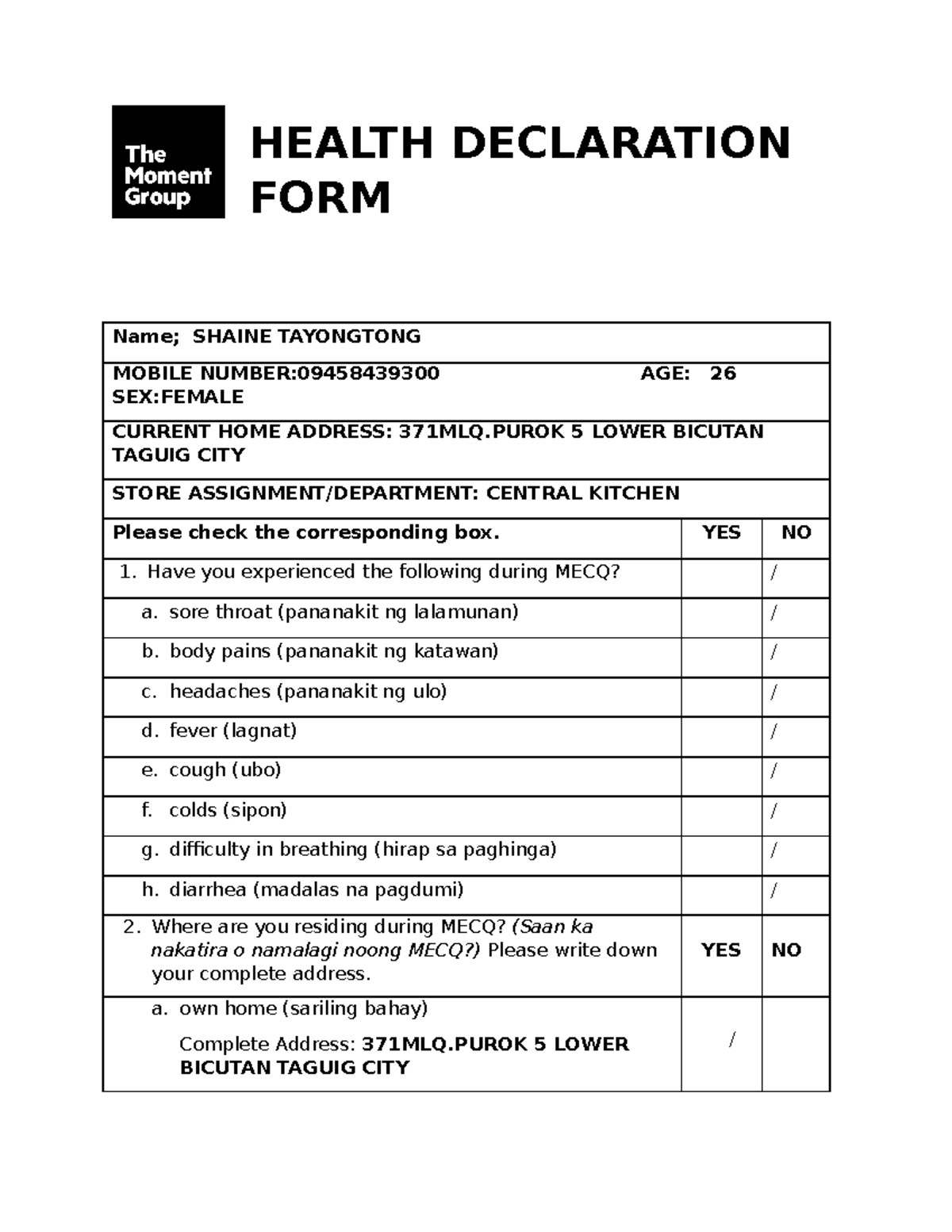 Health Declaration FORM Shaine Tayongtayong - Name; SHAINE TAYONGTONG MOBILE NUMBER:09458439300 ...
