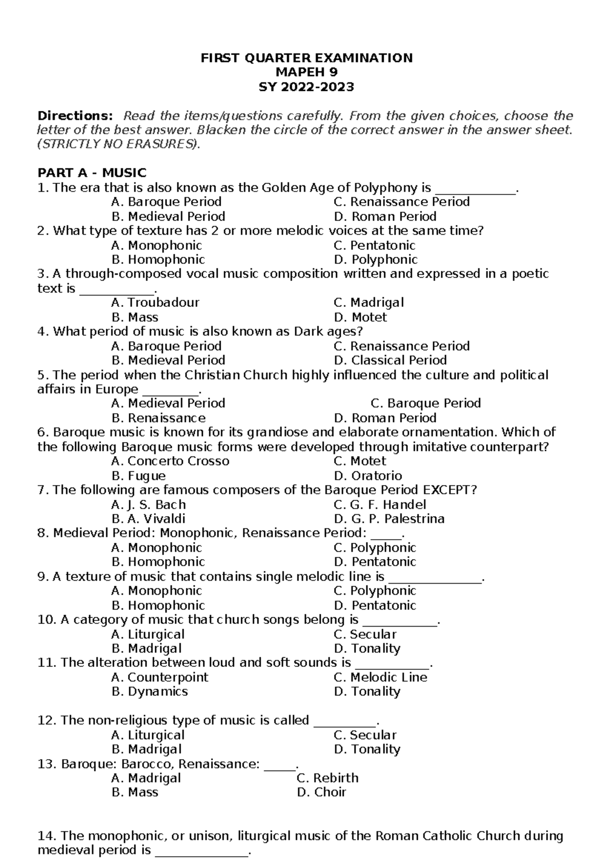 First-Quarterly-Examination Mapeh-9-Copy - FIRST QUARTER EXAMINATION MAPEH 9 SY 2022- Directions ...