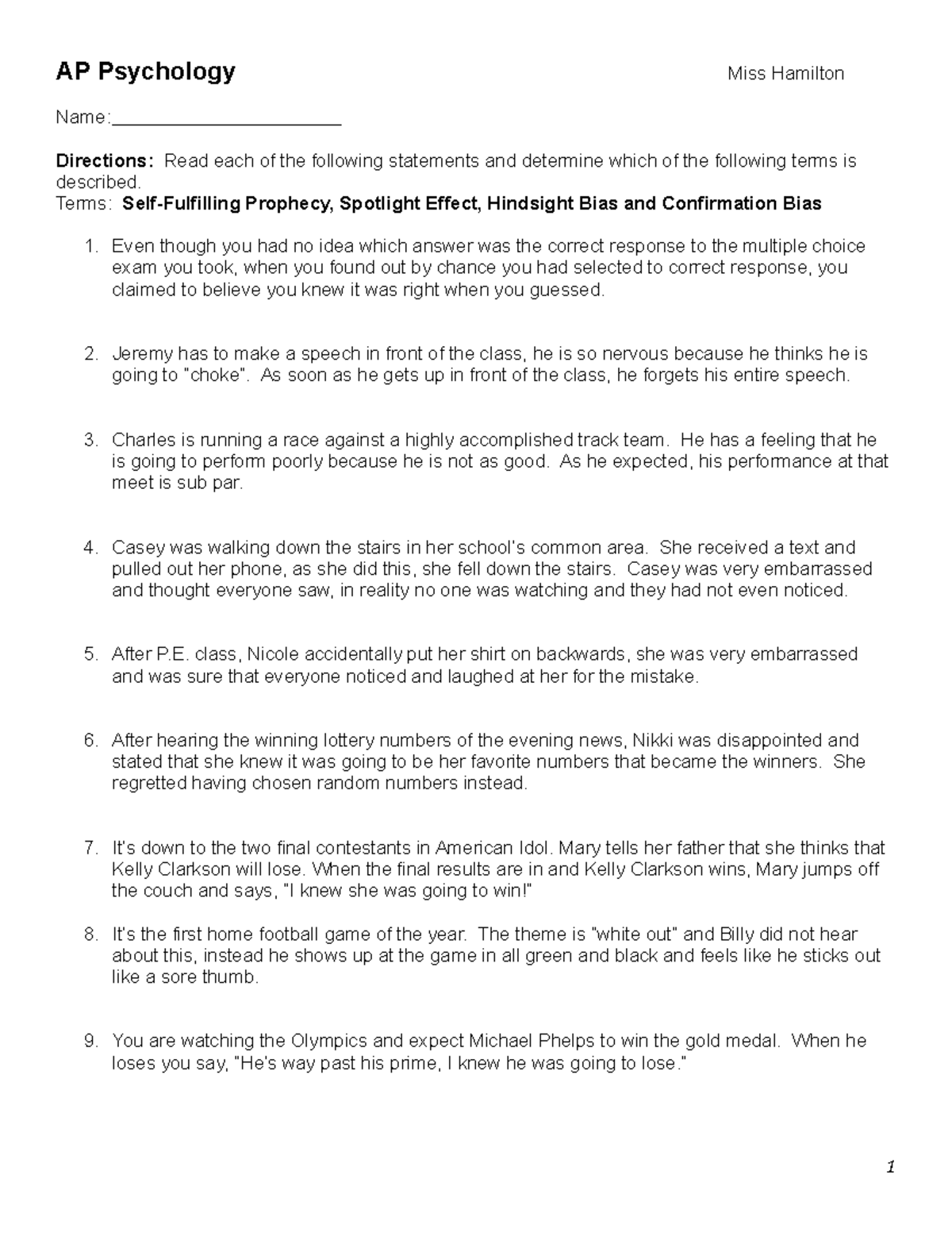 APPsych Bias, Self-fulfilling, Spotlight - AP Psychology Miss Hamilton ...