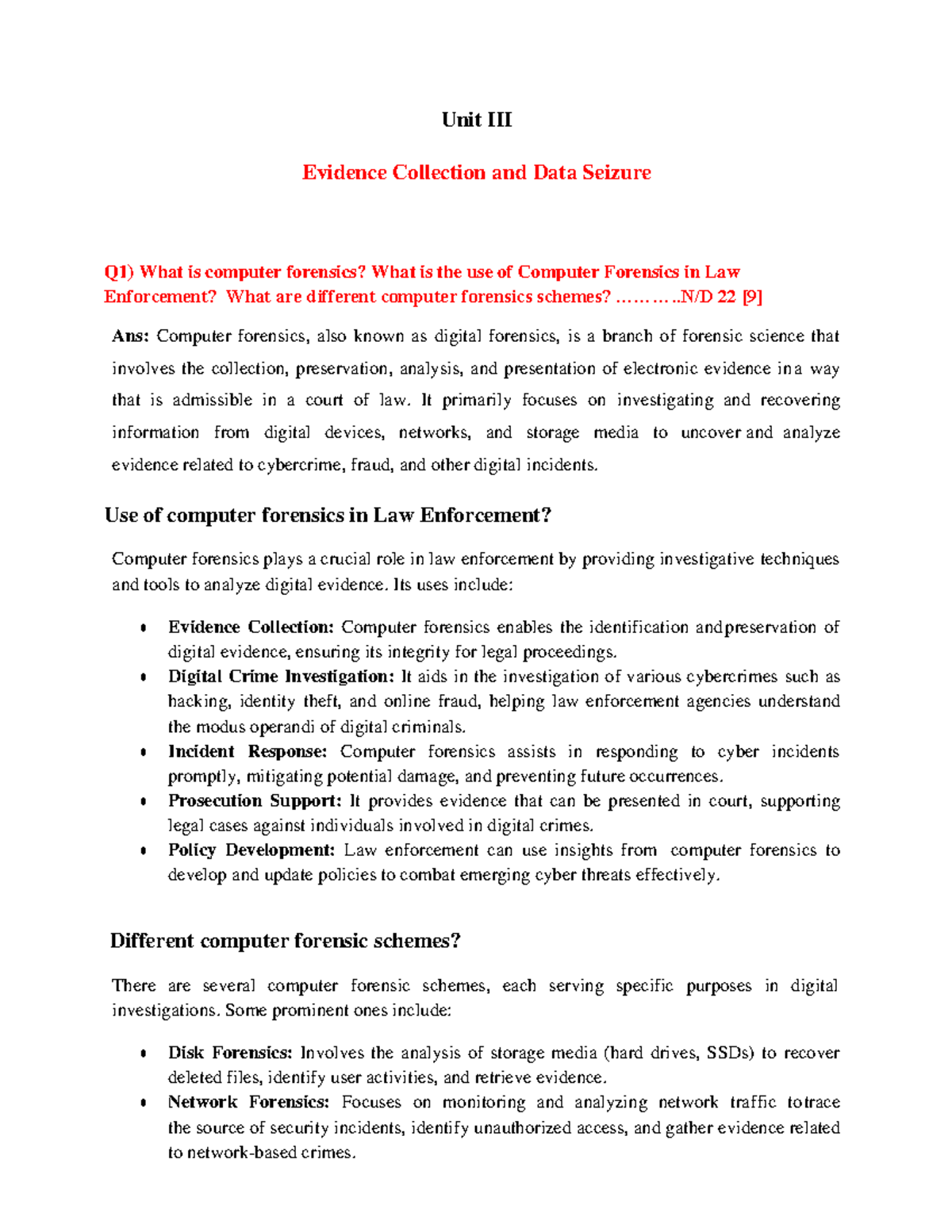 CSDF UNIT 3 - Good - Unit III Evidence Collection and Data Seizure Q1) What is computer ...