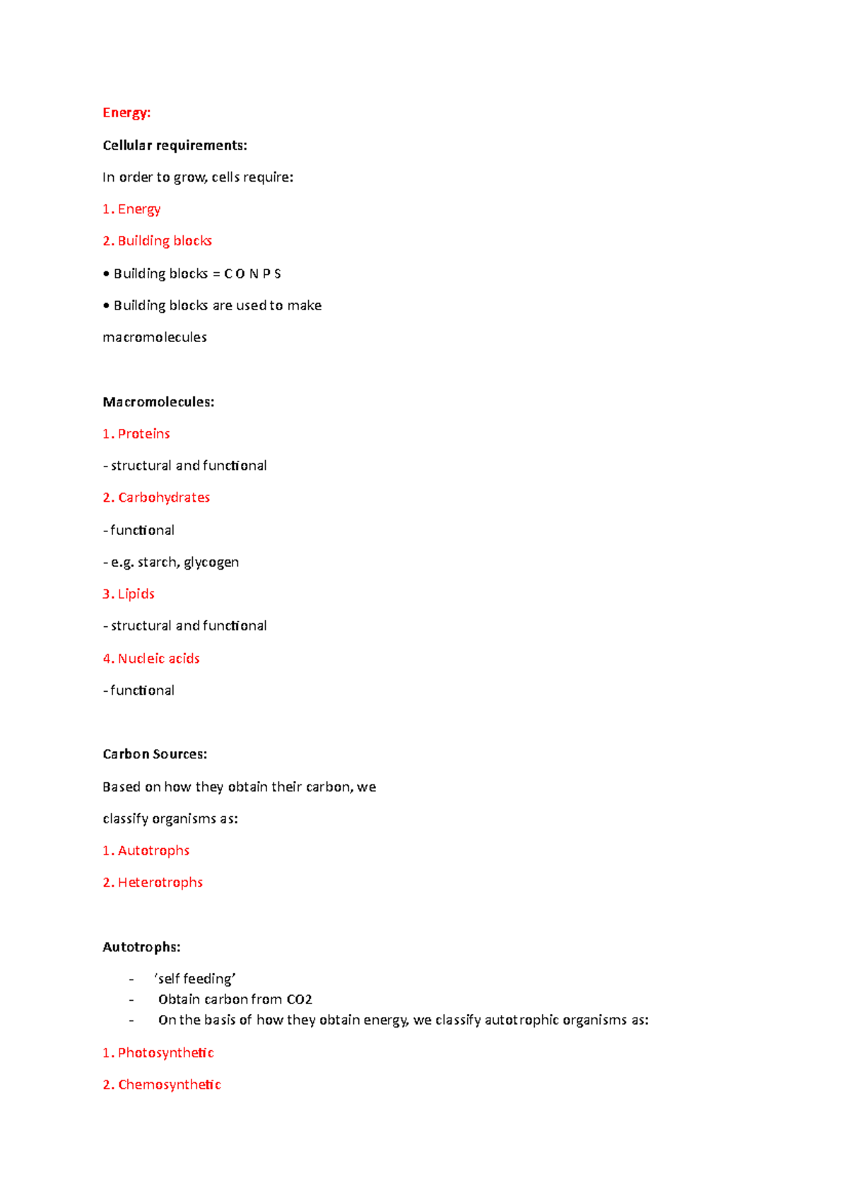 Lecture 7 notes - Energy: Cellular requirements: In order to grow ...