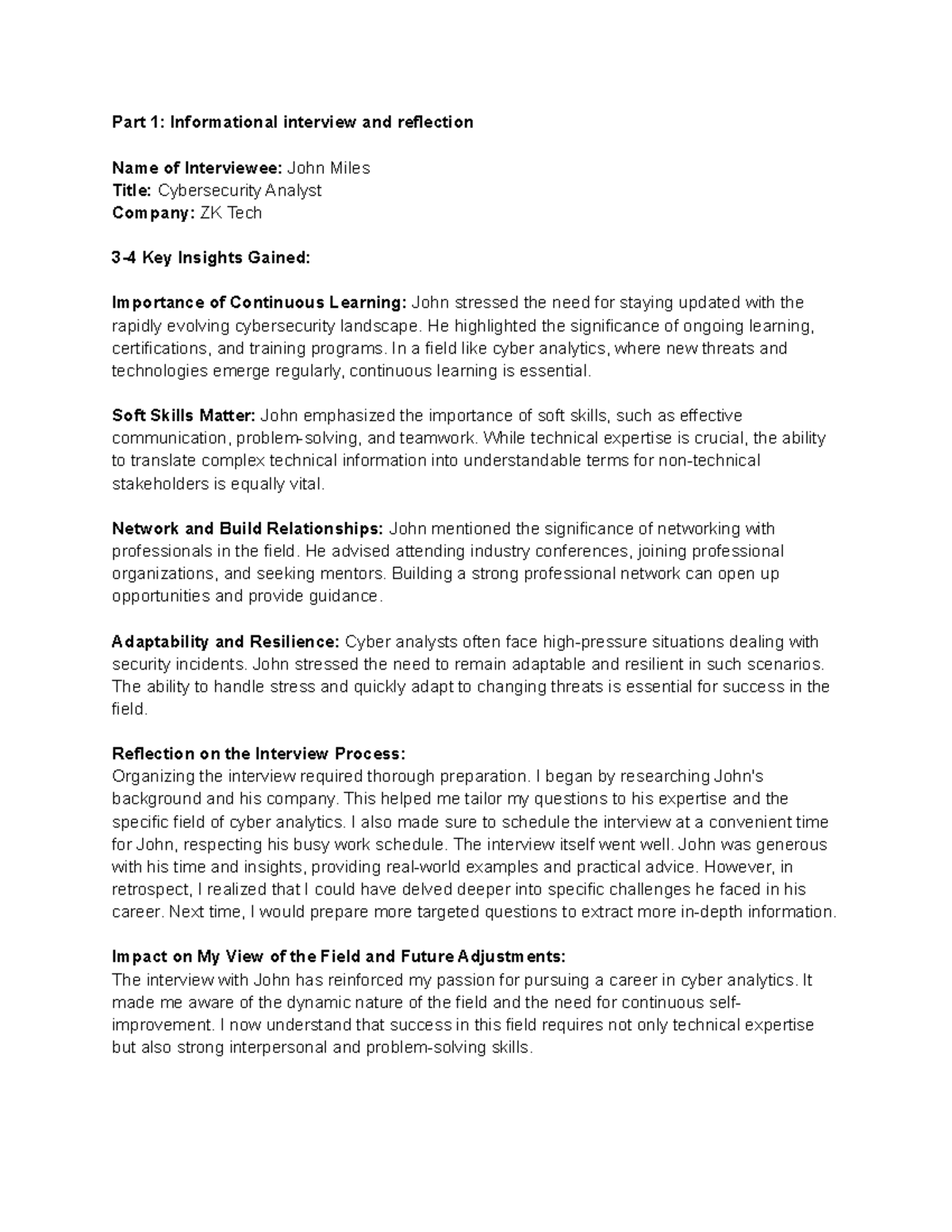 MSP100 Assignment 3 Asnwers - Part 1: Informational interview and reflection Name of Interviewee ...