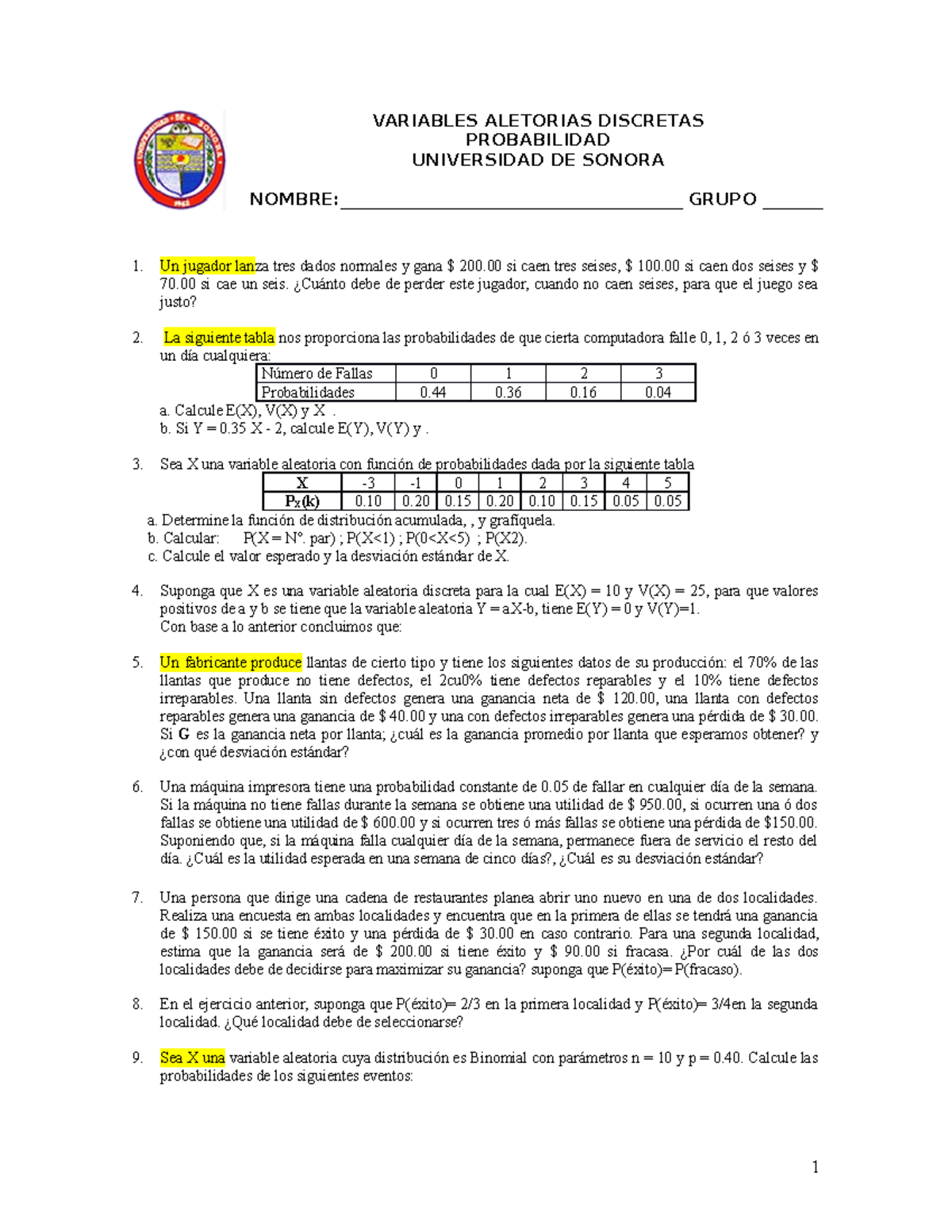 3. Serie Variables Aleatorias Discretas - VARIABLES ALETORIAS DISCRETAS PROBABILIDAD UNIVERSIDAD ...