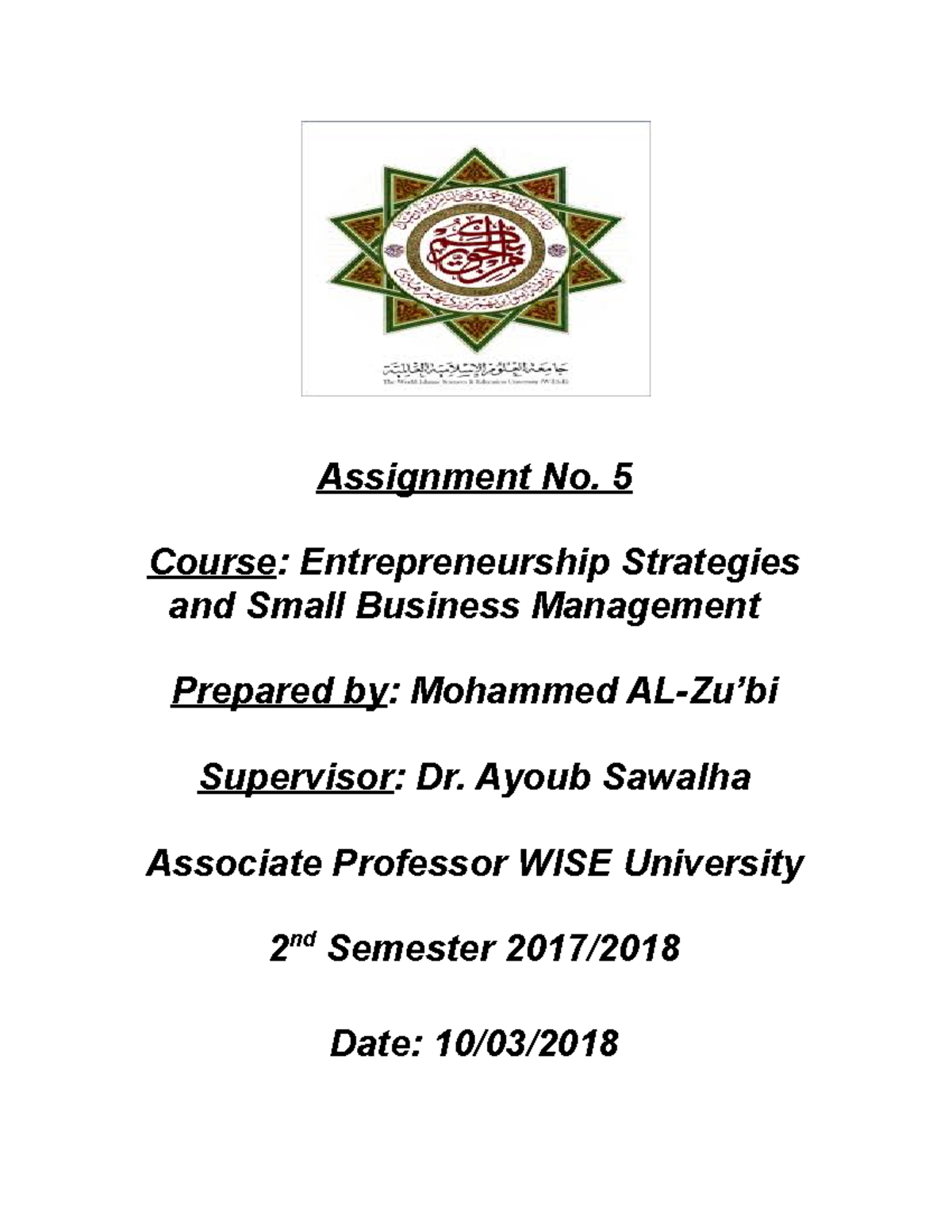 Assignment 5 - COURSE OF ENTREPRENUERSHIP - Assignment No. 5 Course ...