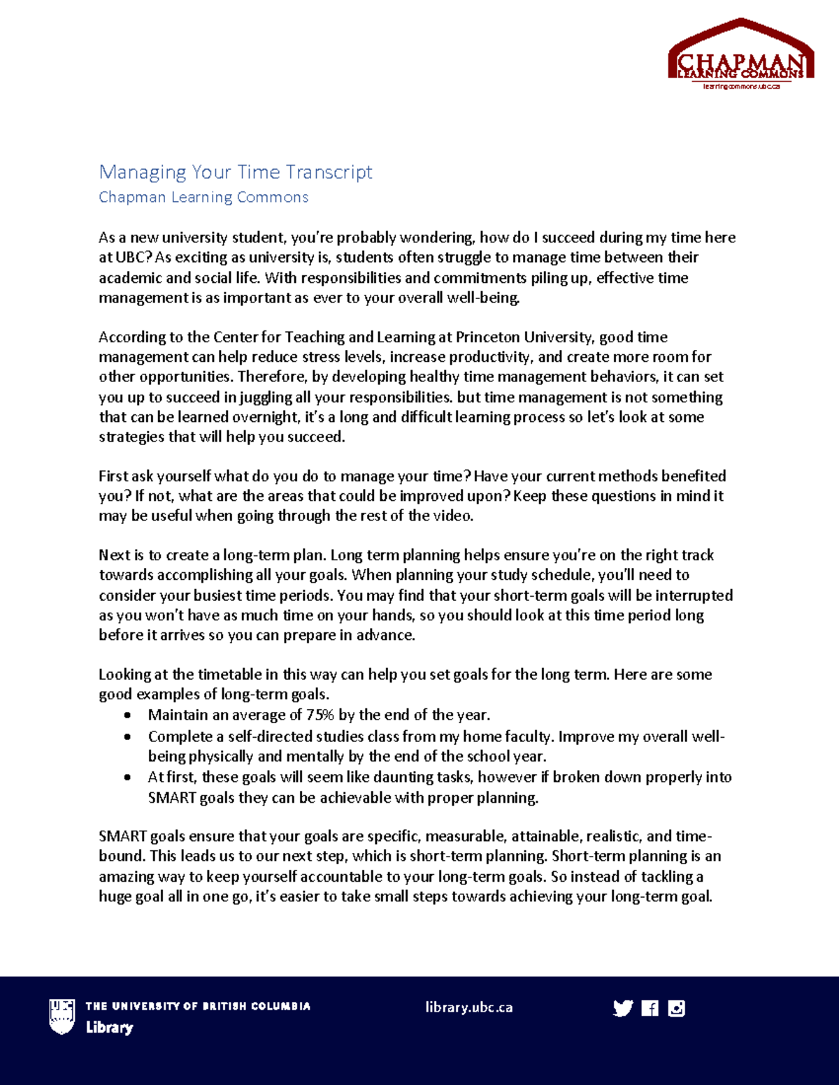 Managing Your Time Transcript - library.ubc learningcommons.ubc ...