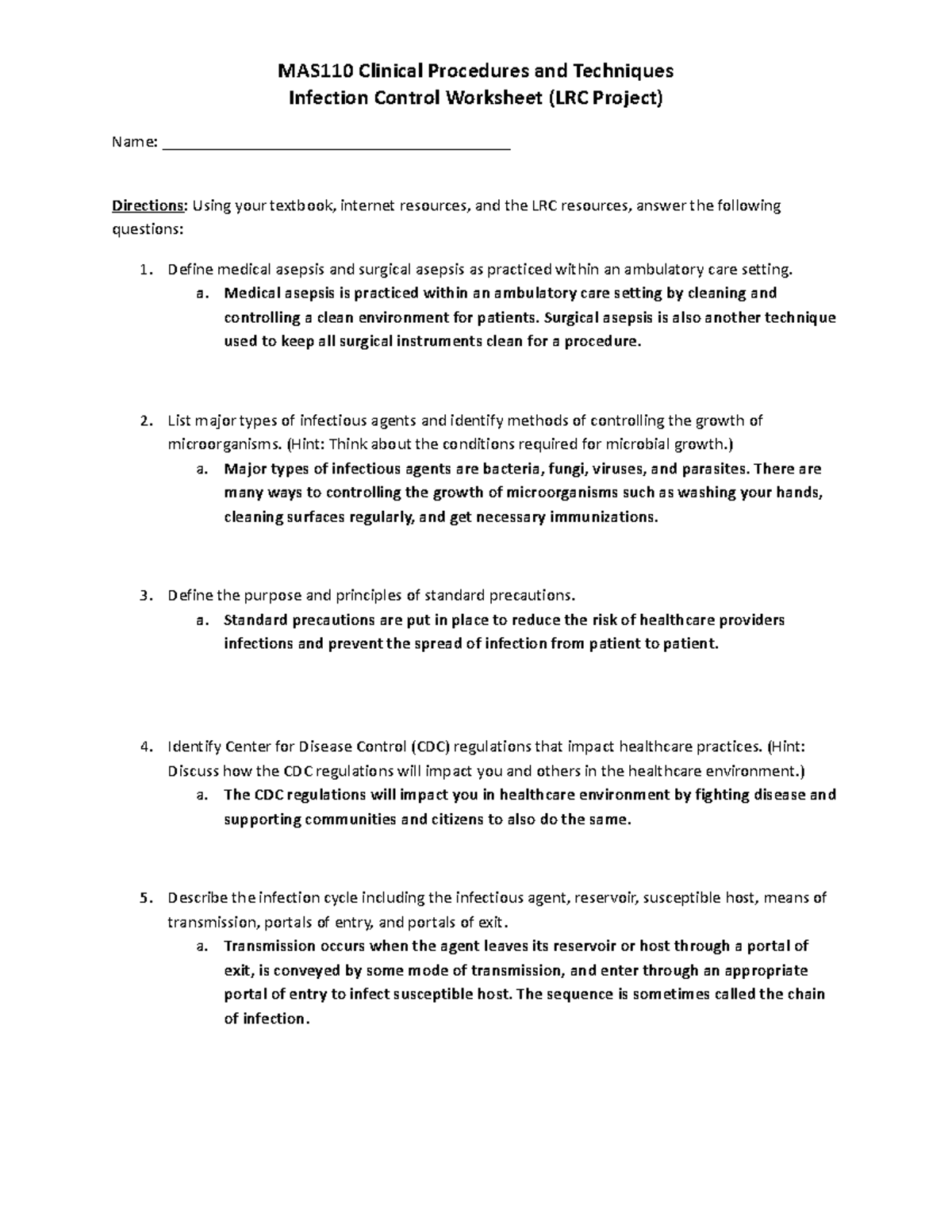 MAS110 Week 1 Infection Control Worksheet- Ta'Lliyah Payne - MAS110 ...