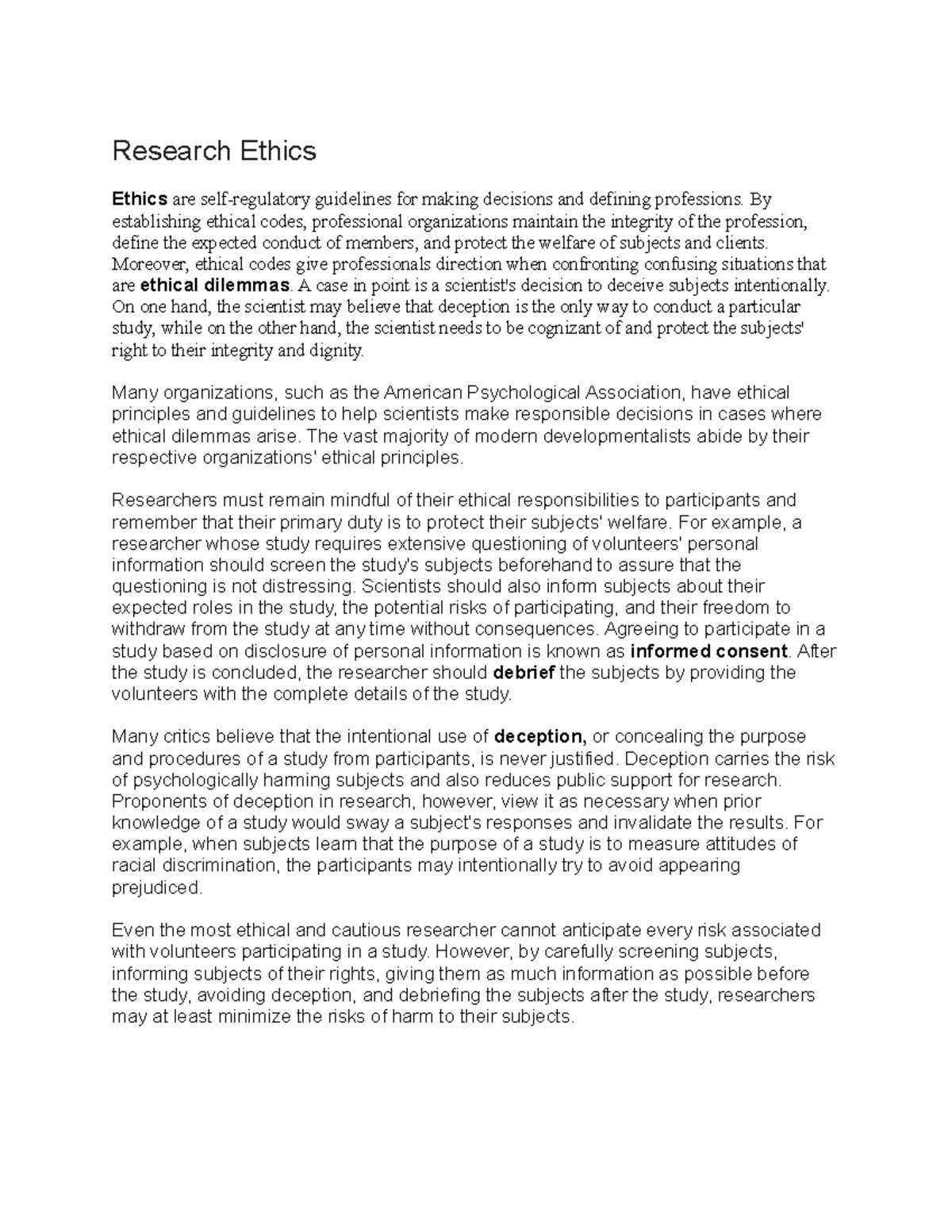 Research Ethics - notes - Research Ethics Ethics are self regulatory ...