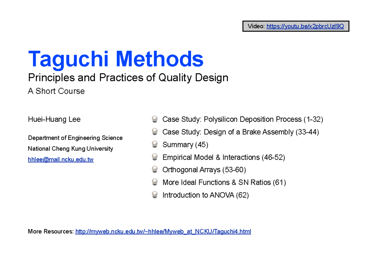taguchi method course - Taguchi Methods Principles and Practices of Quality Design A Short ...