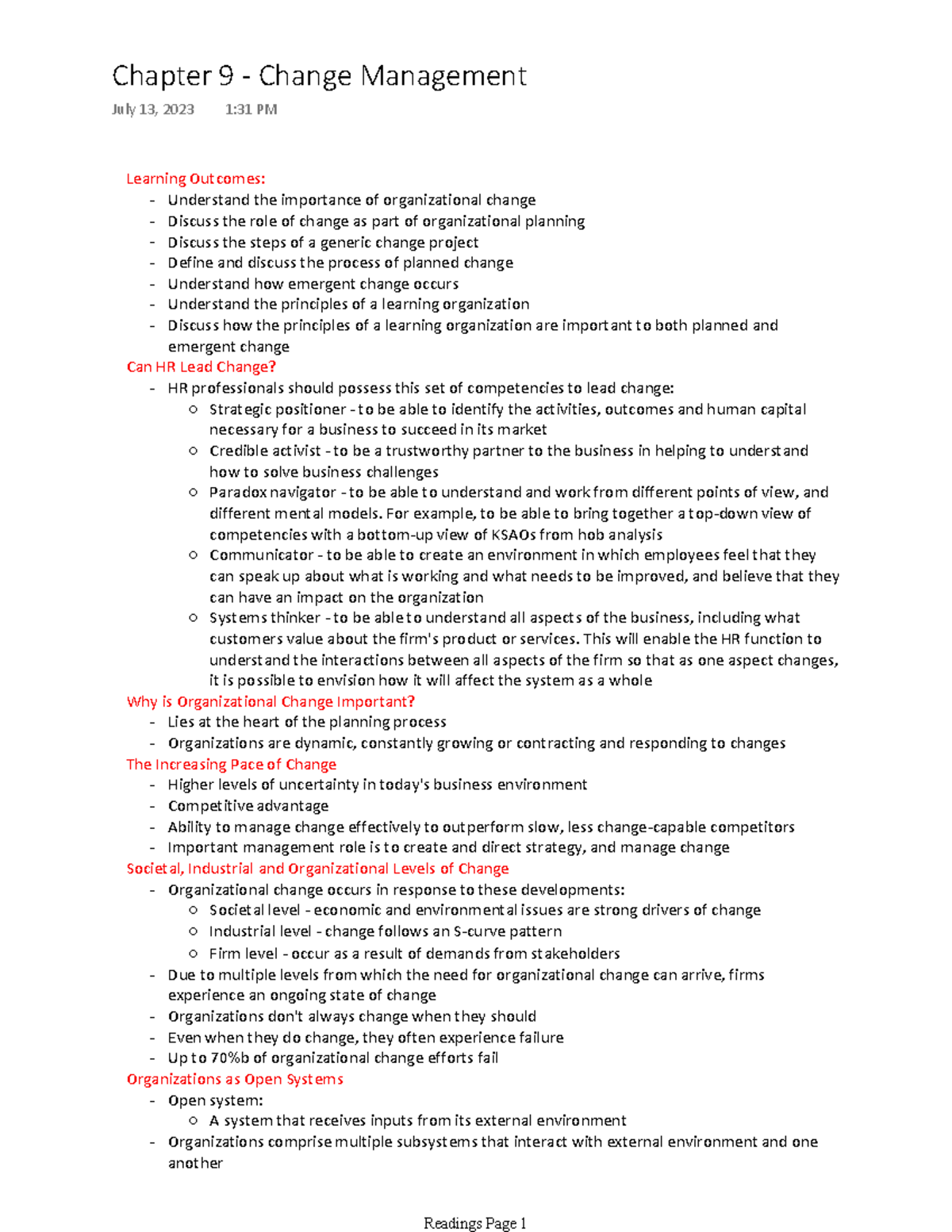 Chapter 9 - lecture - Learning Outcomes: - Understand the importance of organizational change ...