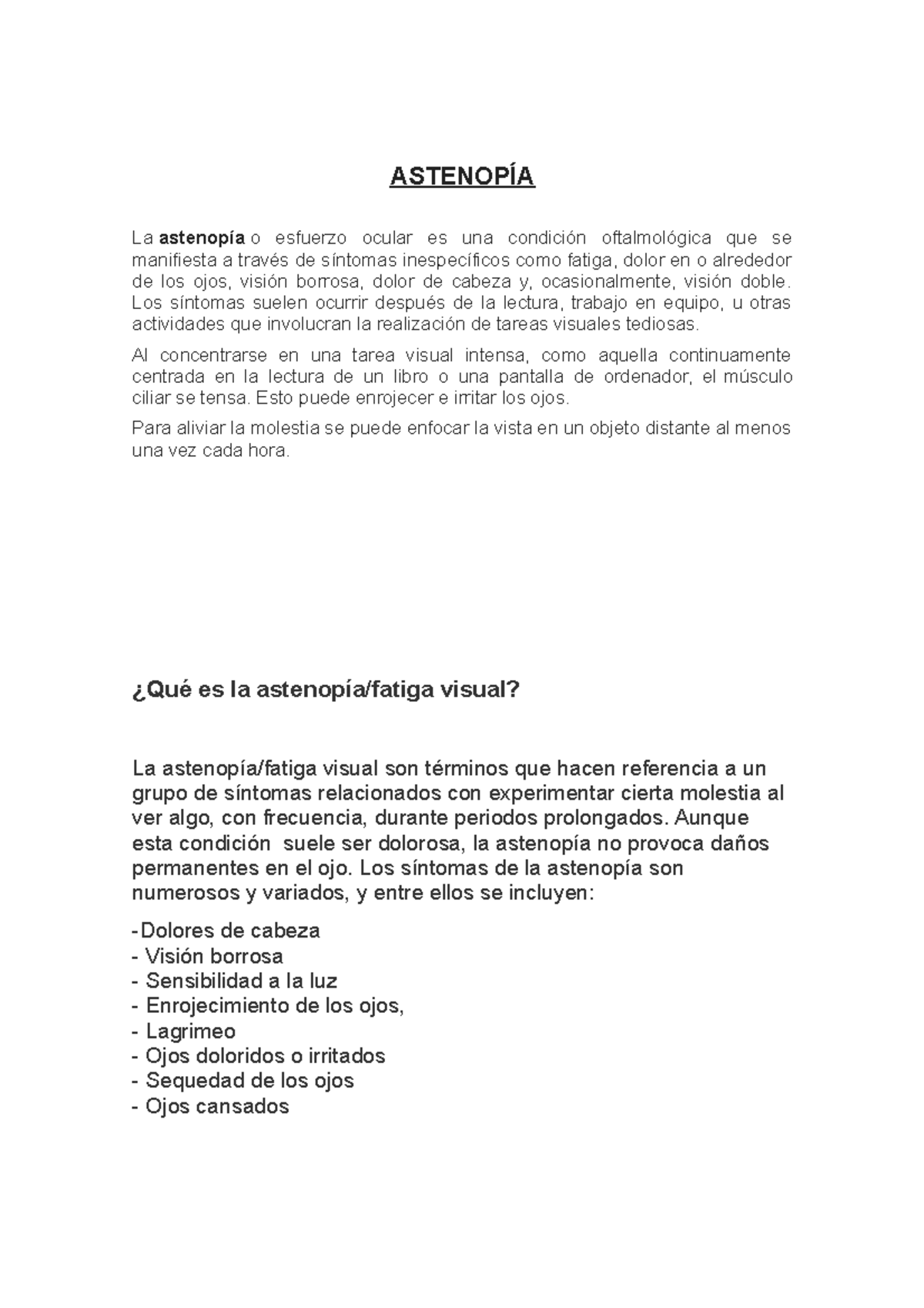 Astenopía - Recopilación de astenopia - ASTENOPÍA La astenopía o ...