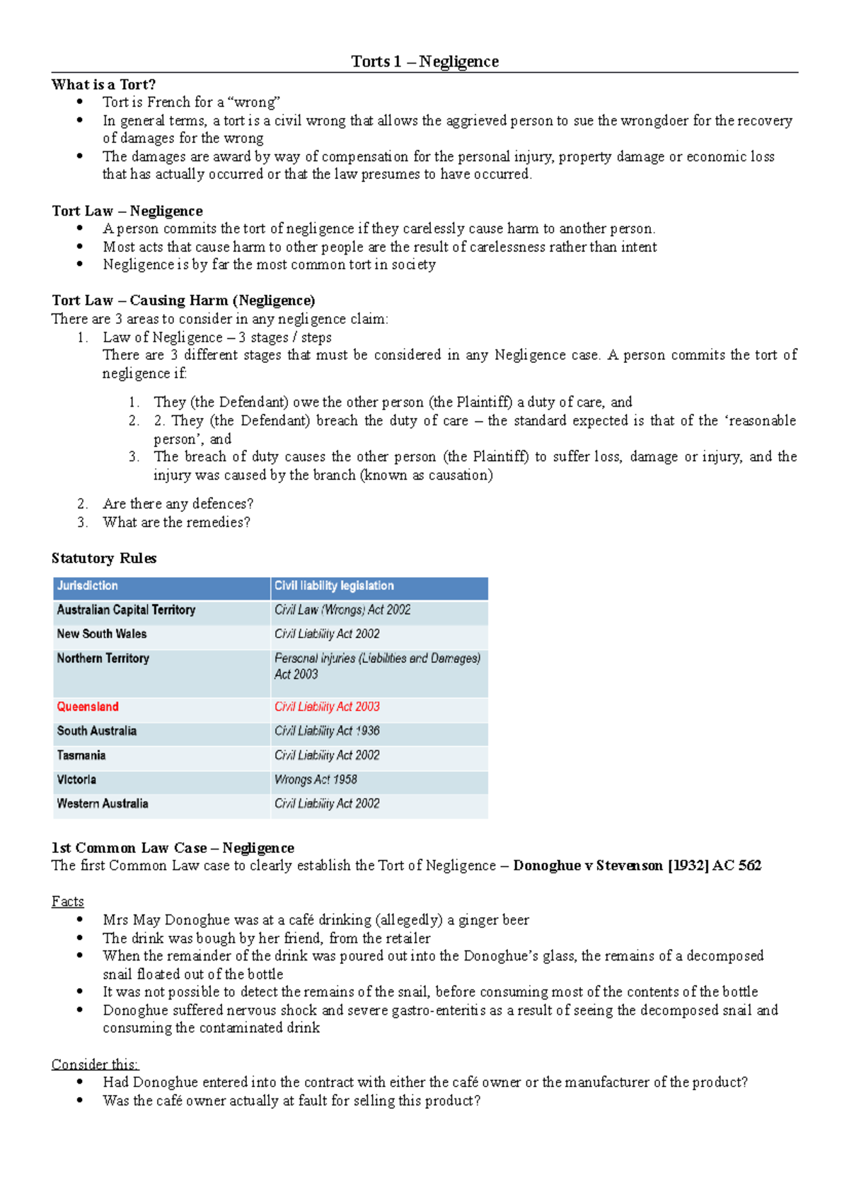LAWS1100 Week 3 Notes - Lecture 3 - Torts 1 – Negligence What is a Tort ...