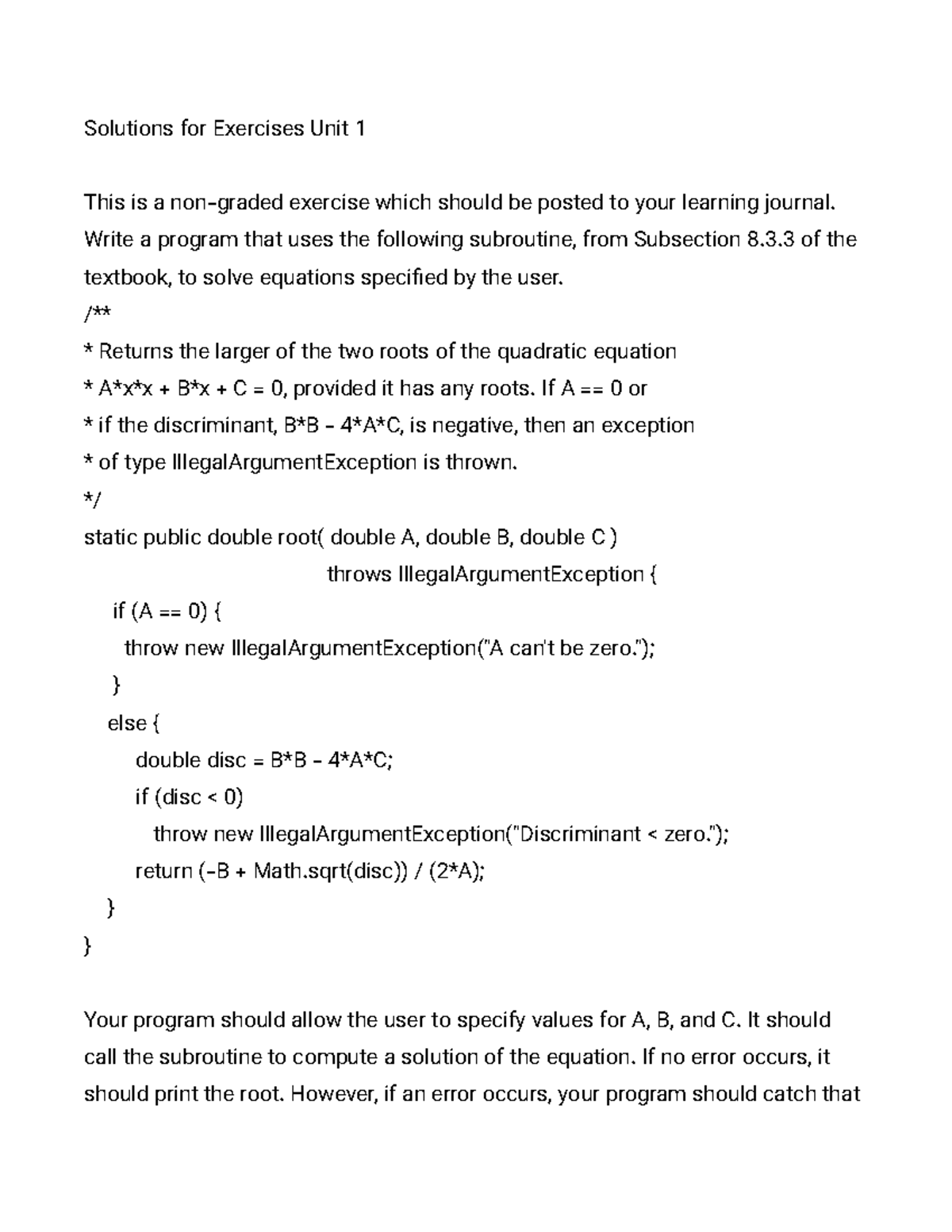 Solutions for Exercises Unit 1 - Write a program that uses the following subroutine, from ...