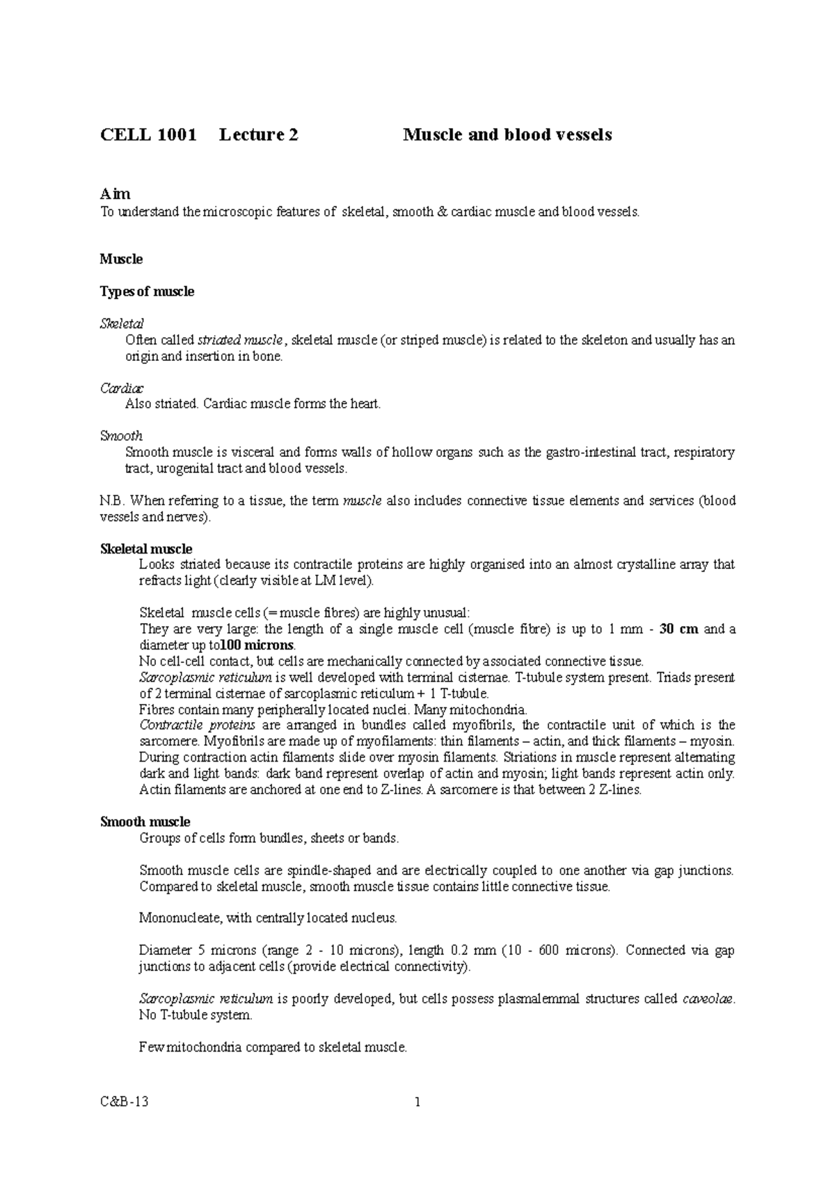 Histology notes 2 - CELL 1001 Lecture 2 Muscle and blood vessels Aim To ...