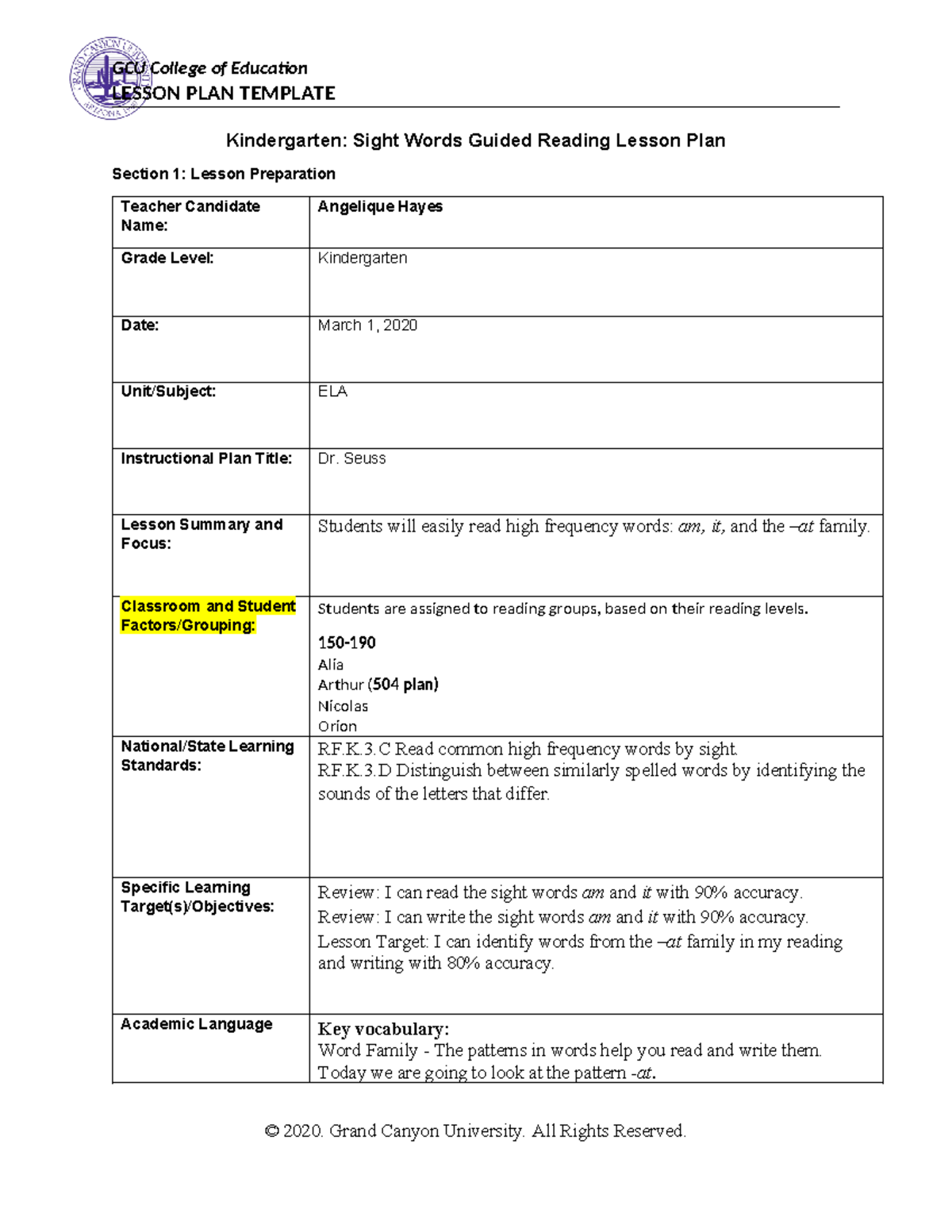 Kindergarten Sight Words Guided Reading - LESSON PLAN TEMPLATE ...