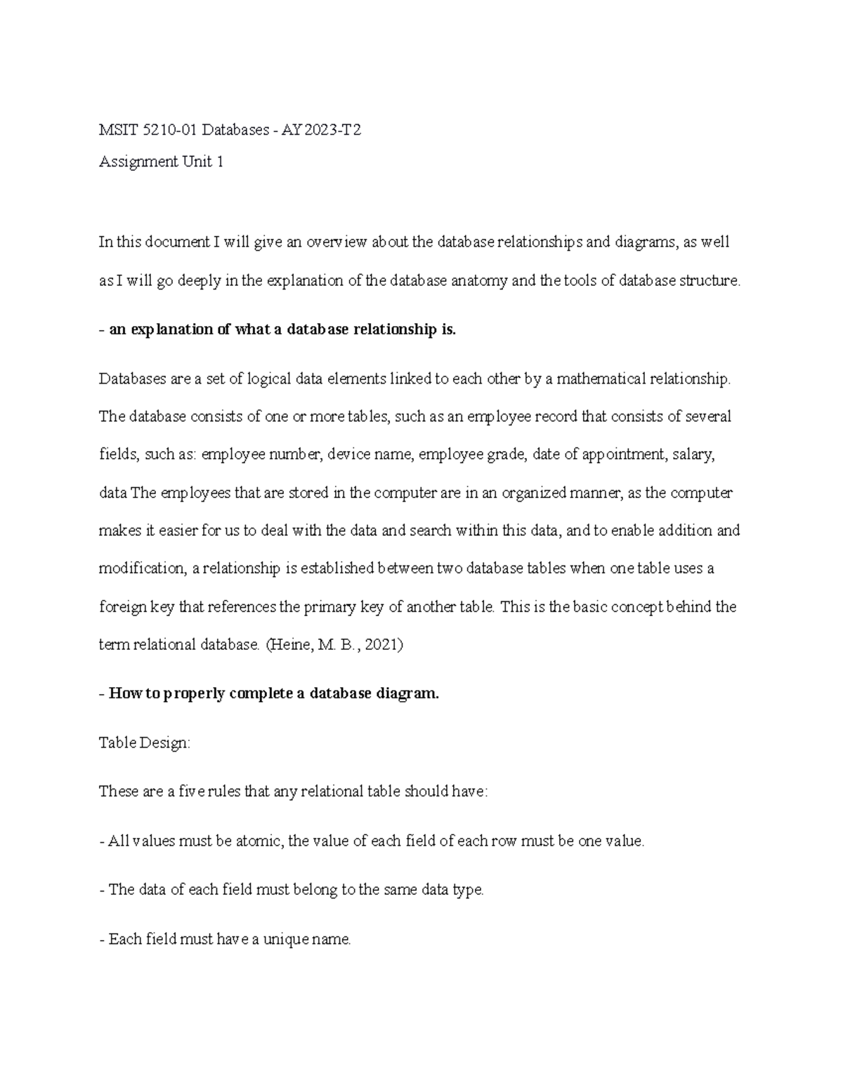 MSIT 5210-01 Databases - AY2023-T2 - MSIT 5210-01 Databases - AY2023-T Assignment Unit 1 In this ...