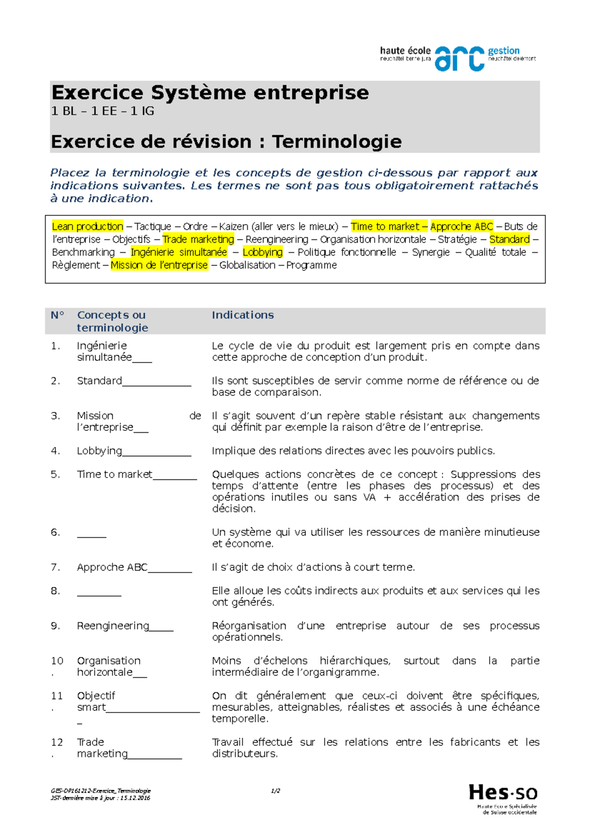 Exercice terminologie - Exercice Système entreprise 1 BL – 1 EE – 1 IG Exercice de révision ...