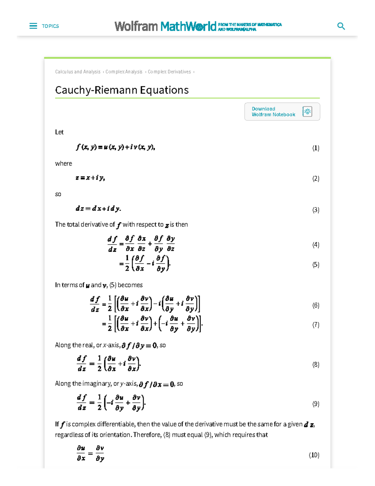 Cauchy-Riemann Equations - from Wolfram Math World - Calculus and ...