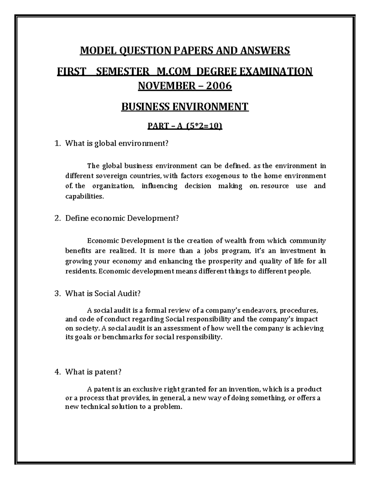 Business environment - sure shorts of preparing exams - MODEL QUESTION ...