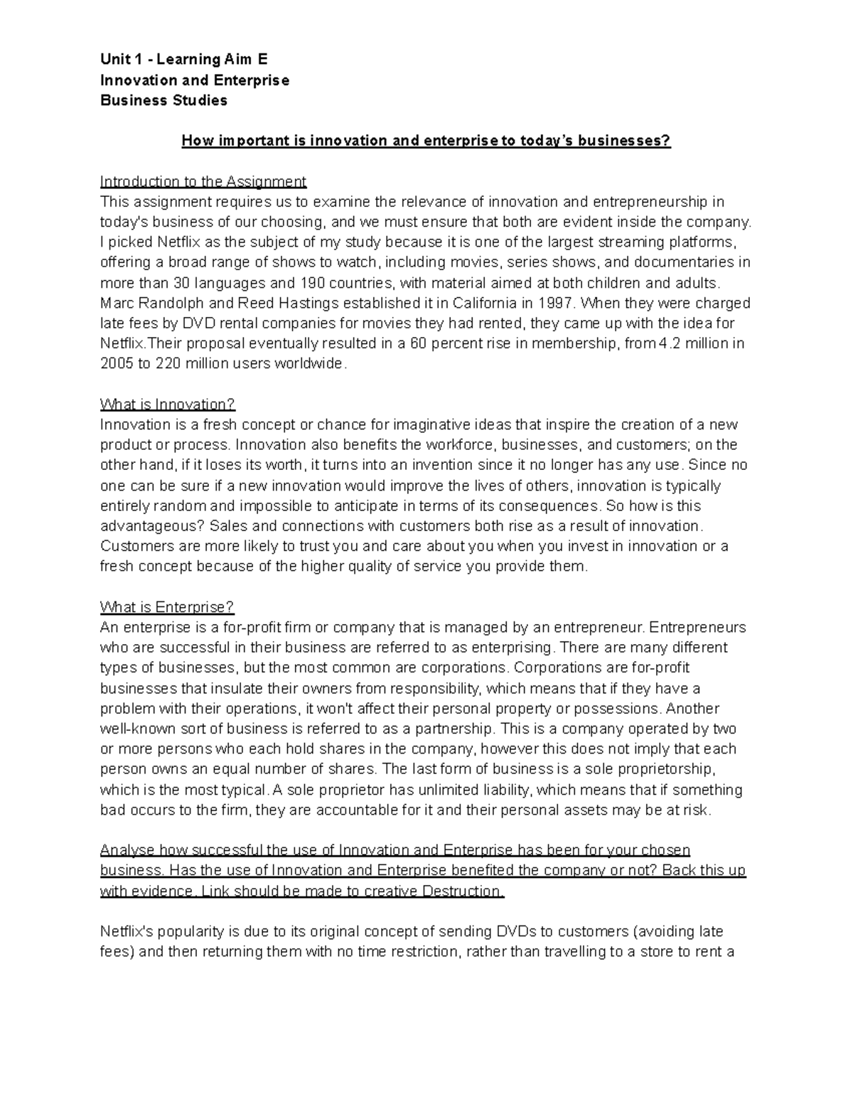 Unit 1 Learning Aim E June 2022 - Innovation and Enterprise Business ...