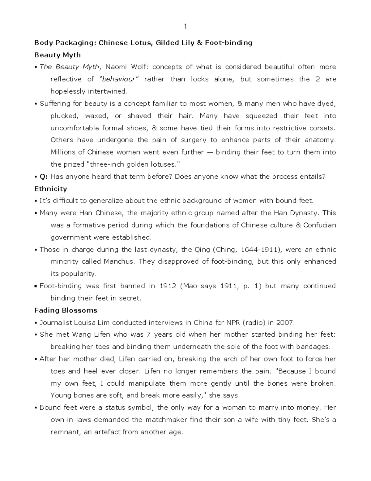 Online Lesson Notes Foot Binding 2018 Revised - Body Packaging: Chinese ...