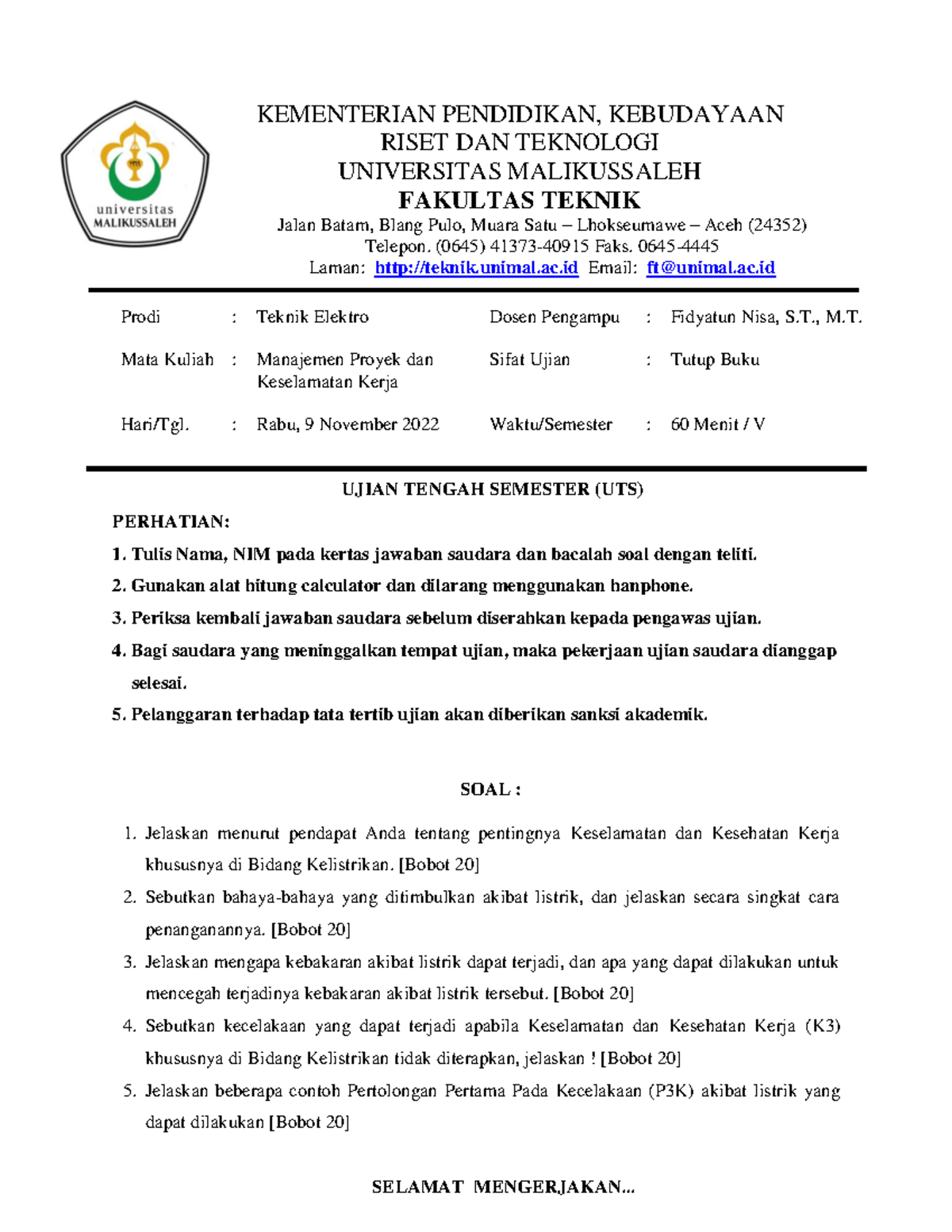 UTS Manajemen Proyek dan Keselamatan Kerja - KEMENTERIAN PENDIDIKAN, KEBUDAYAAN RISET DAN ...