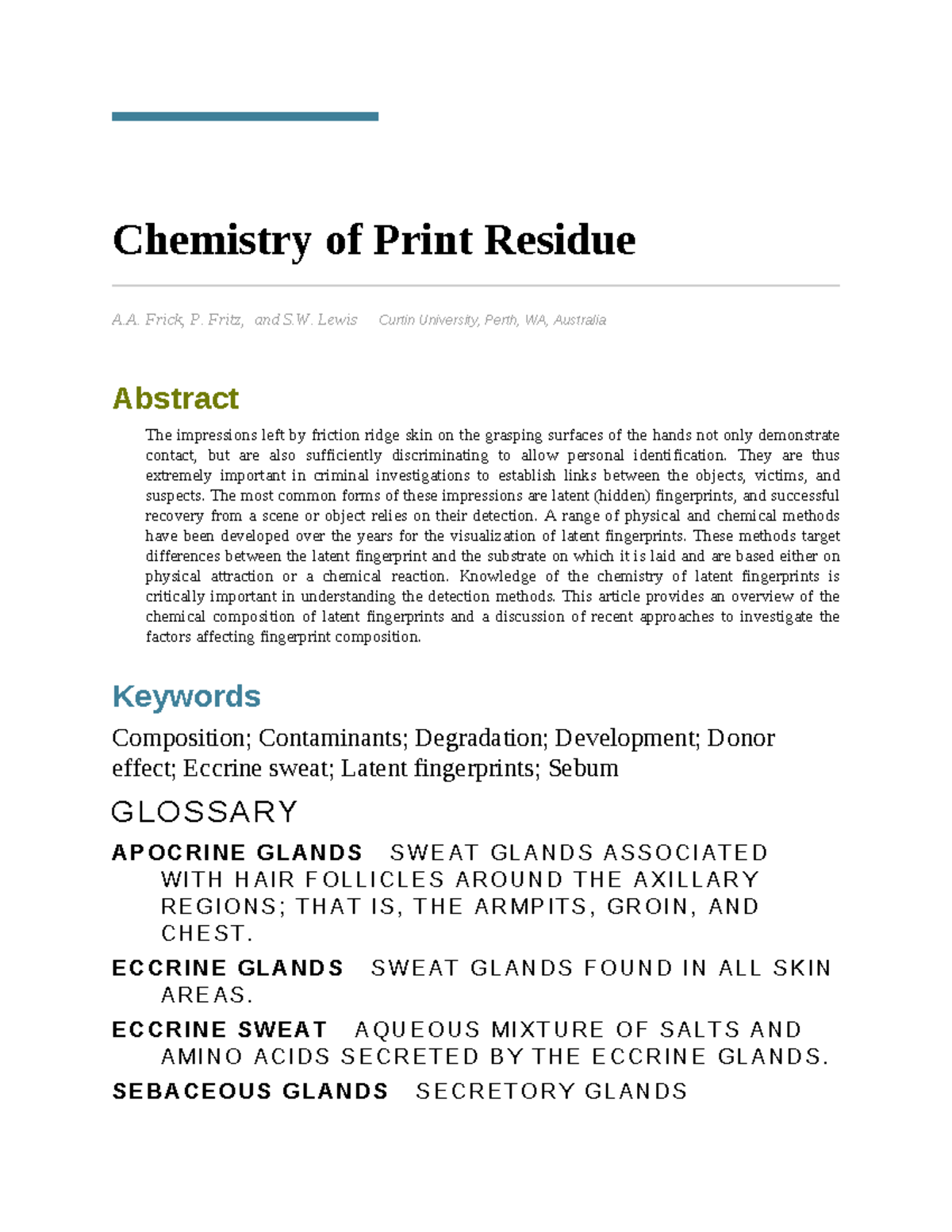 Chemistry of Print Residue - Frick, P. Fritz, and S. Lewis Curtin ...