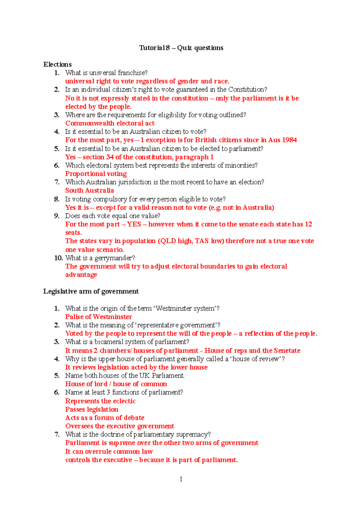 TUT 8 quiz answers - Tutorial 8 – Quiz questions Elections 1. What is ...