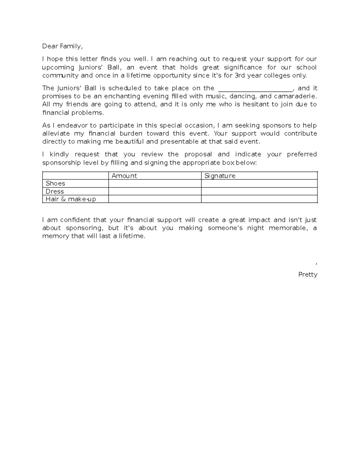 A Sample Letter for JS Solicitation - Dear Family, I hope this letter ...