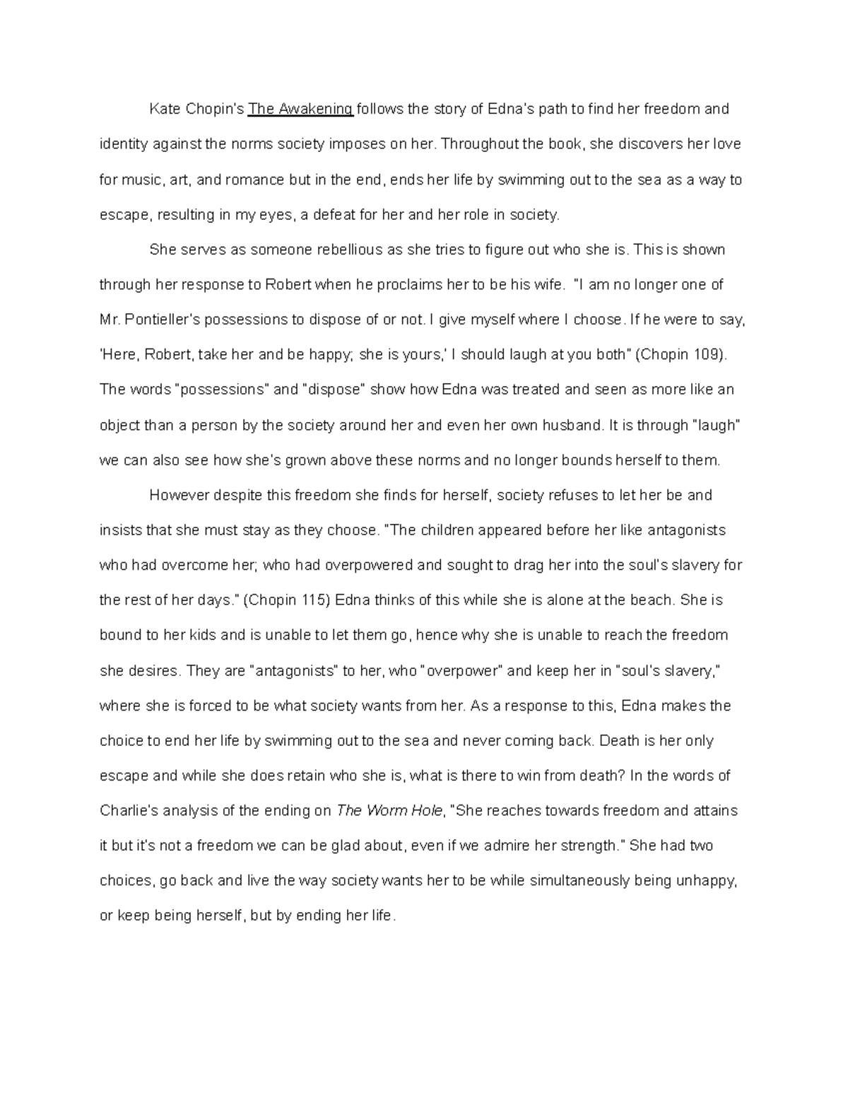 The Awakening - Close Reading Essay - Kate Chopin’s The Awakening ...