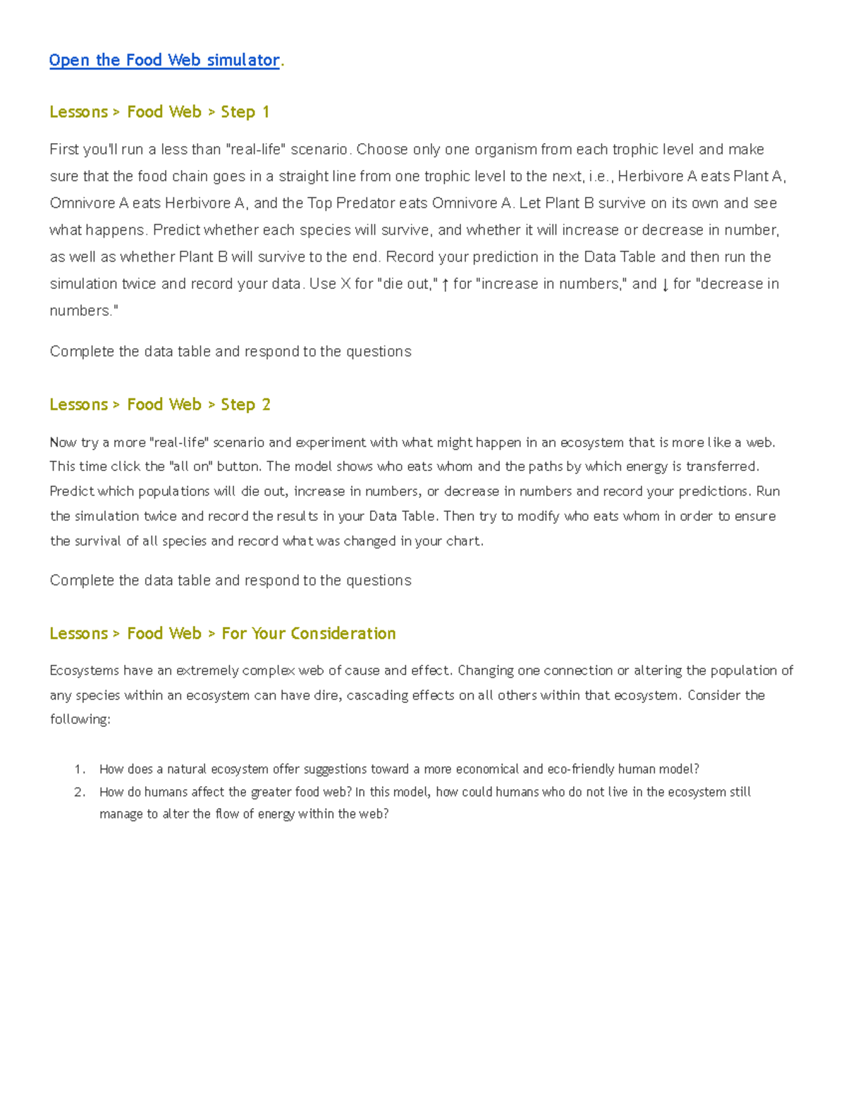 Instructions Food Web Simulator - Open the Food Web simulator. Lessons ...