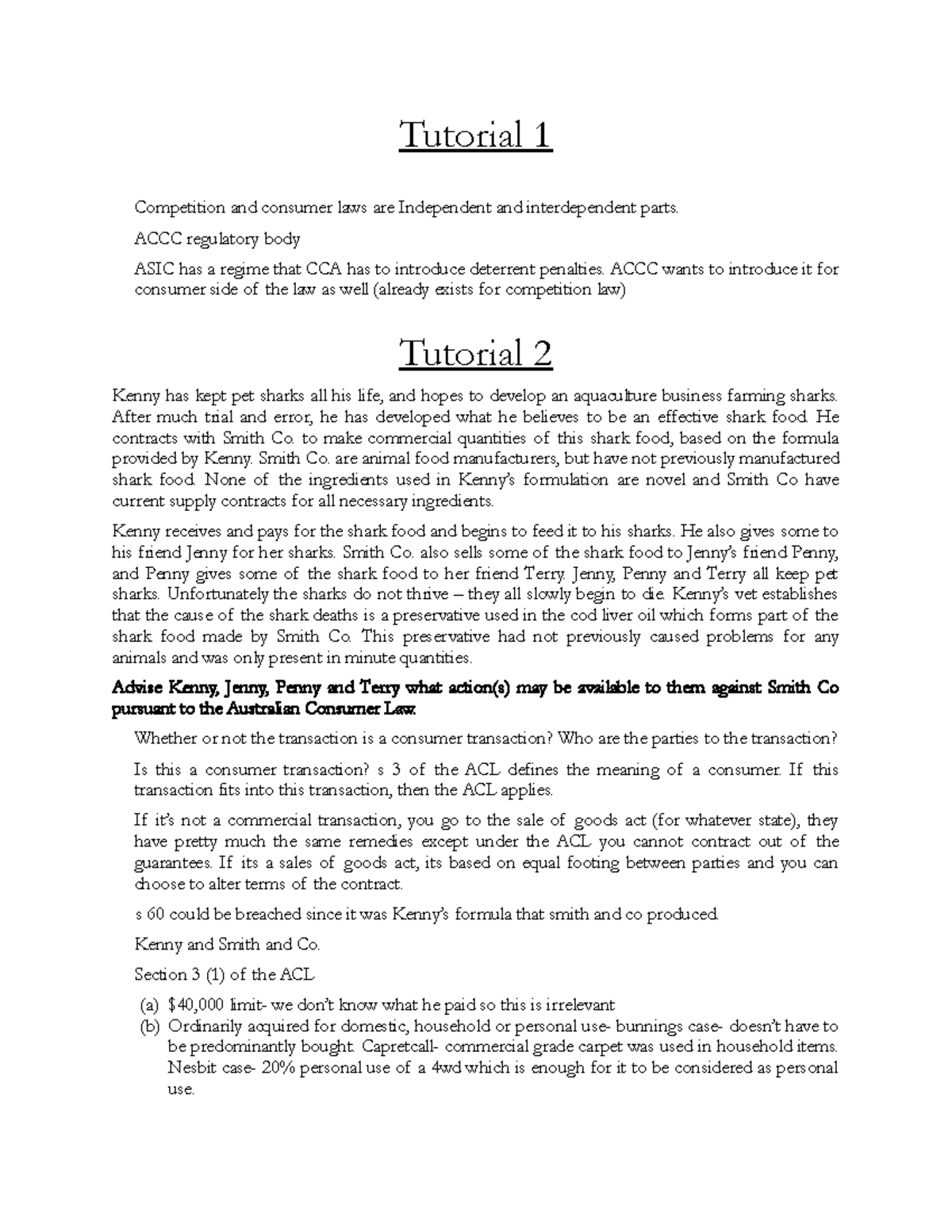 Tutorials Consumer Law - Tutorial 1 Competition and consumer laws are ...