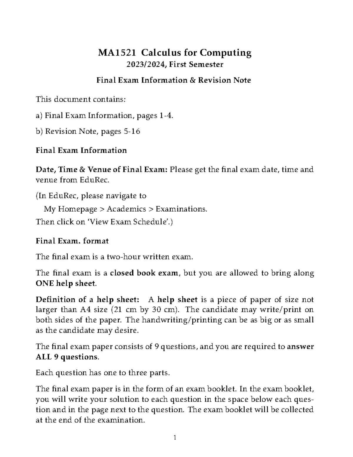 MA1521 Final Exam Information&Revision Note - MA1521 Calculus for Computing 2023/2024, First ...