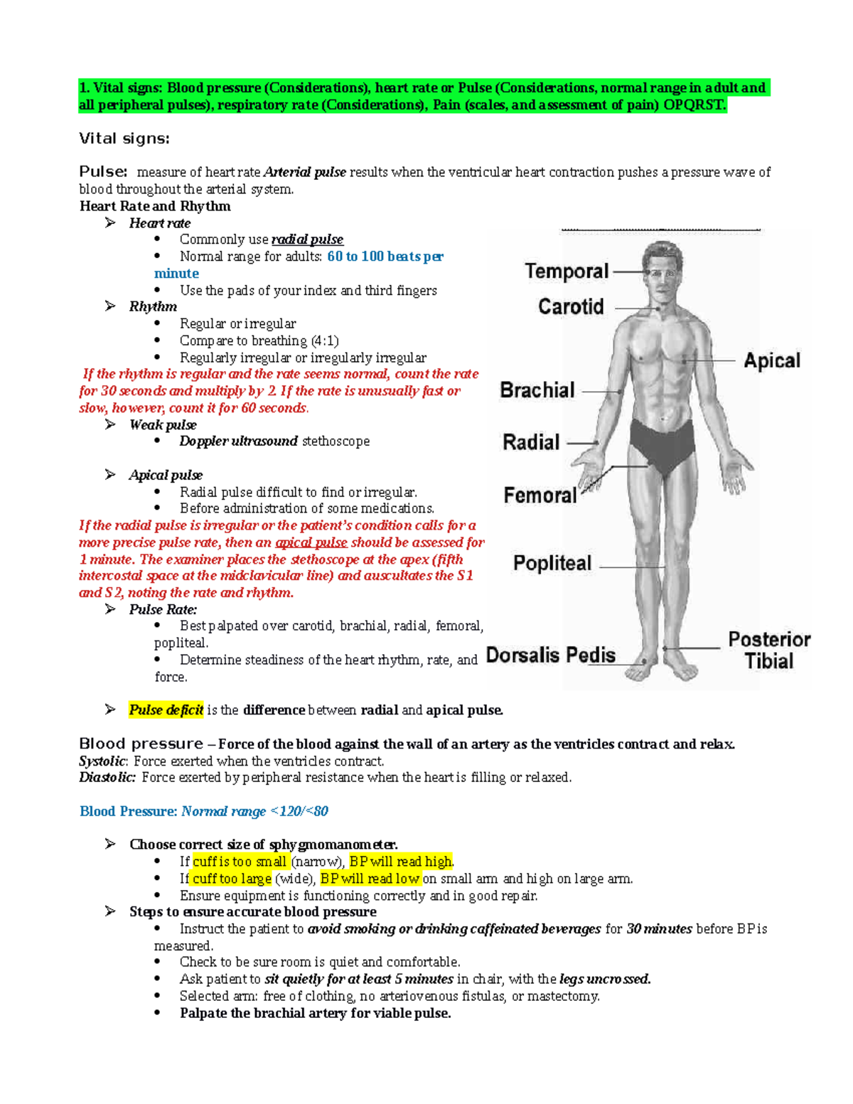 Assessment Final Review 1 Vital Signs Blood Pressure