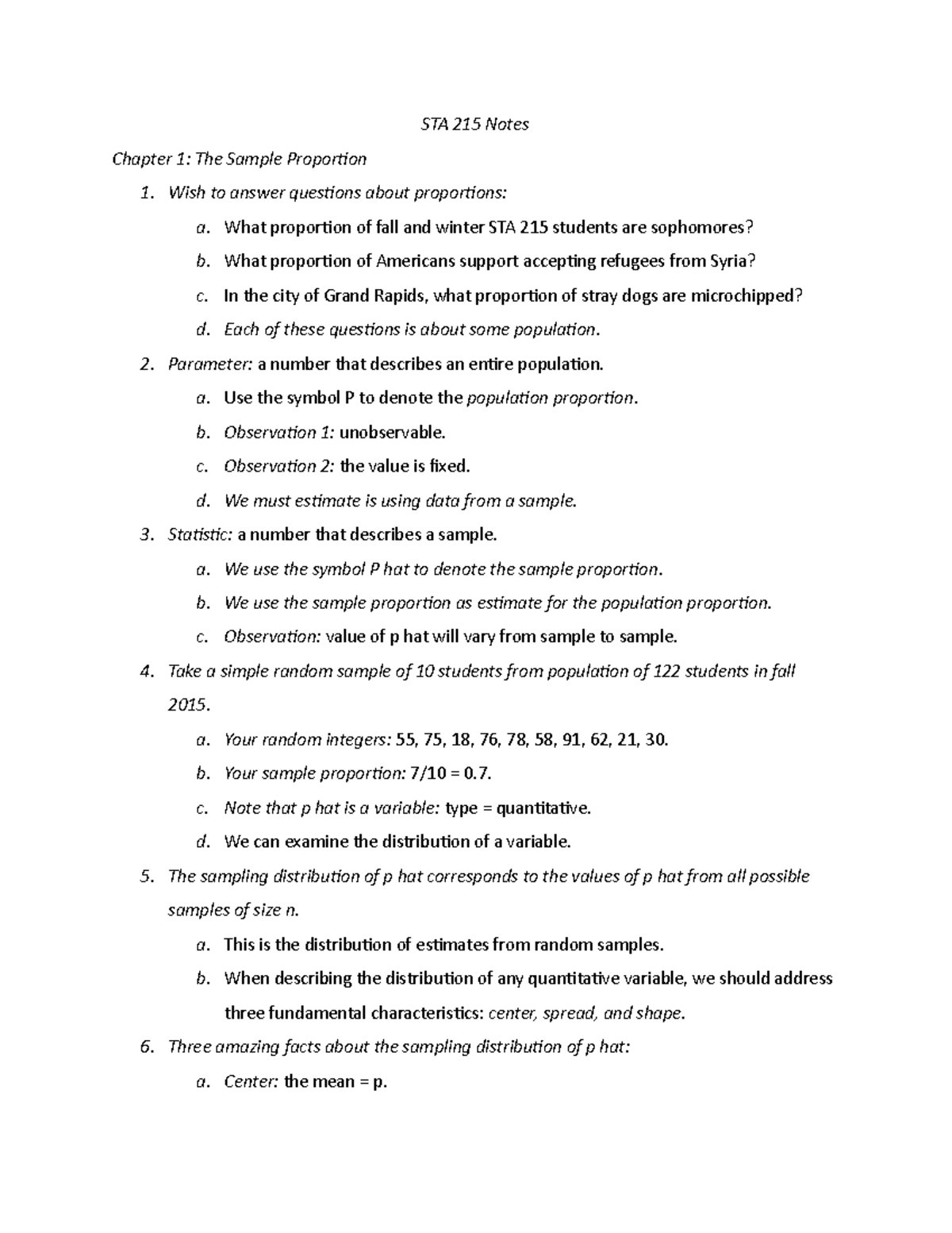 STA 215 Notes ch 1 - STA 215 Notes Chapter 1: The Sample Proportion ...