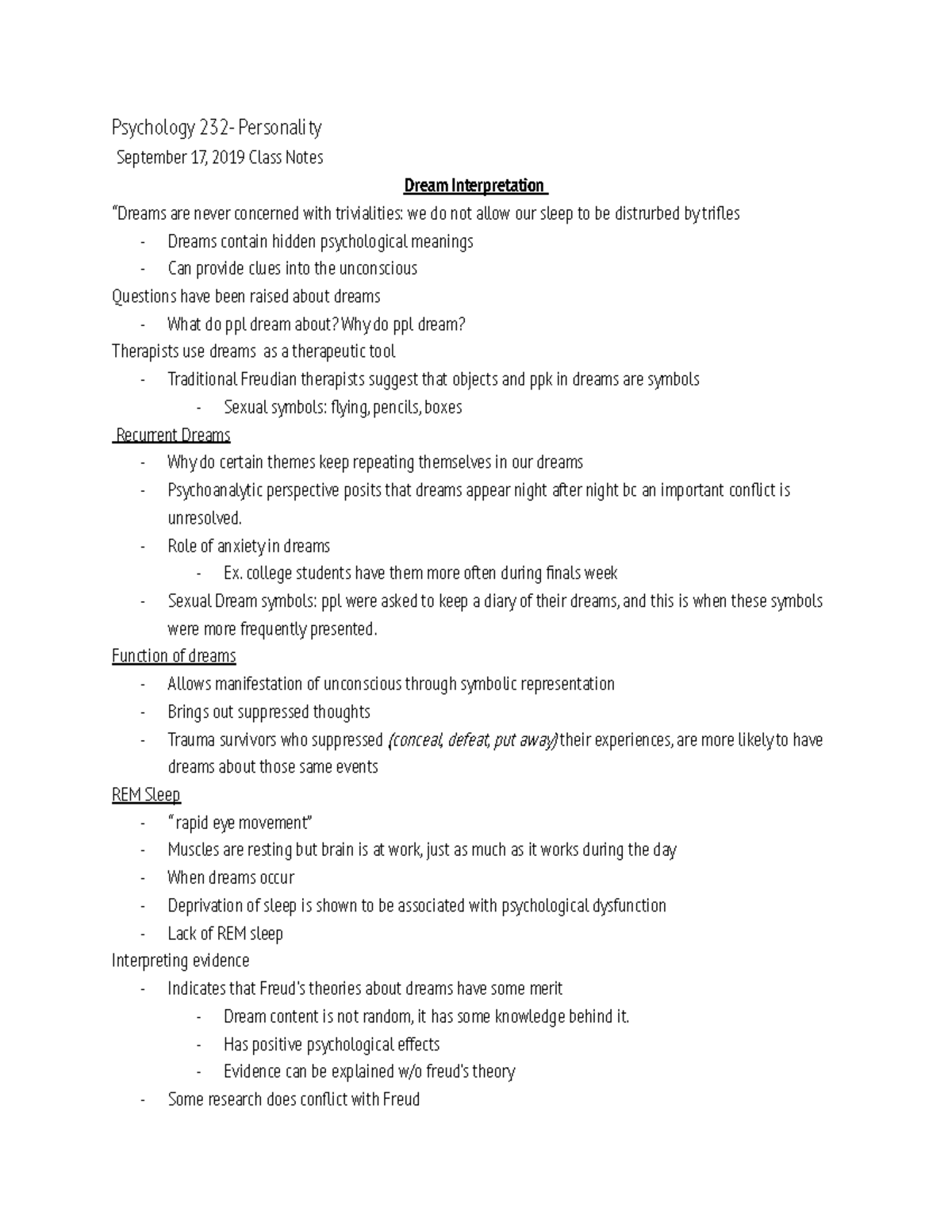 PSYCH 232- Dream Interpretation notes - Psychology 232- Personality ...